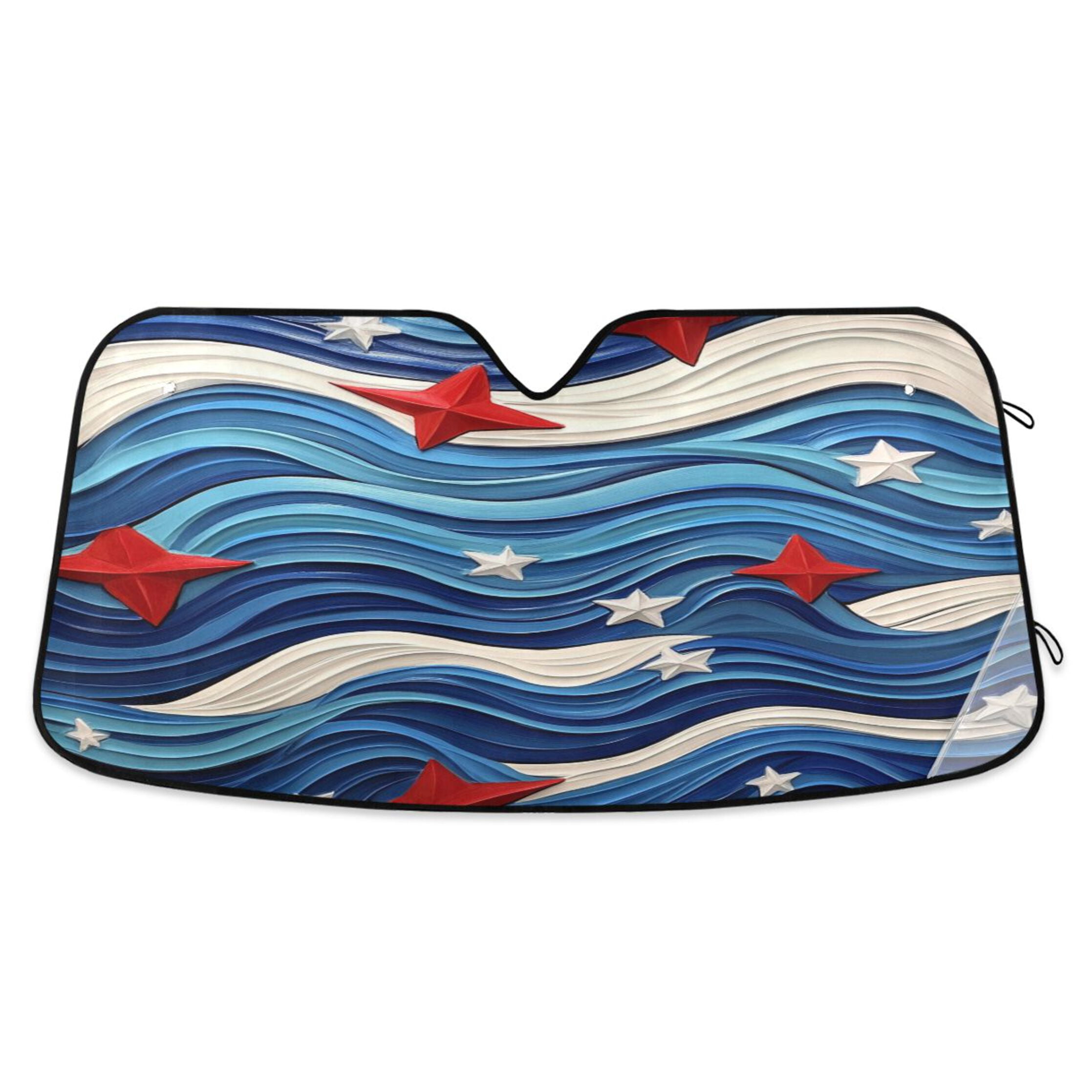 Red White Stars on Blue White Waves Windshield Sun Shade Automobile Visor Accordion Folding Car ...