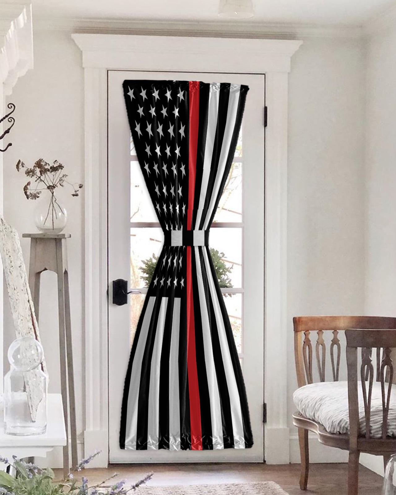 Red White Stripe Fireman American Flag Blackout Curtains, French Door ...