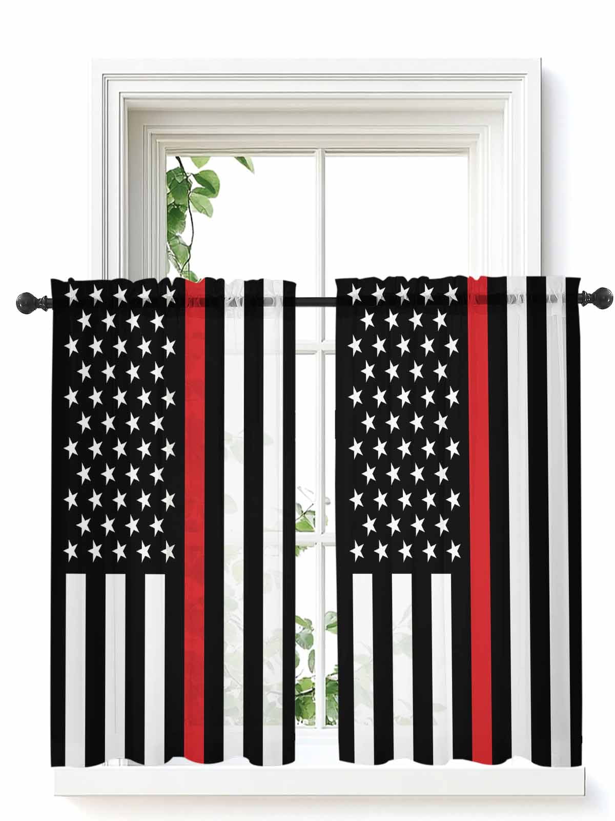 Red White Stripe Fireman American Flag Curtains 45 Inch Length,Sheer ...