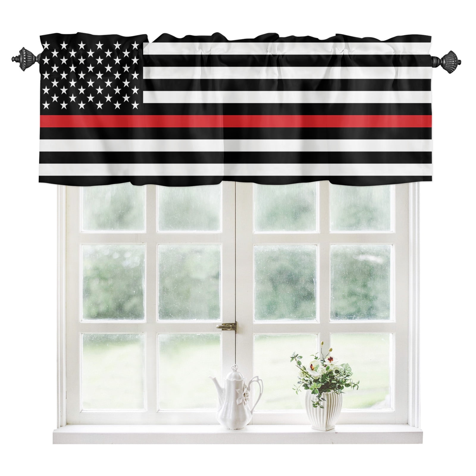 Red White Stripe Fireman American Flag Kitchen Valances for Windows ...