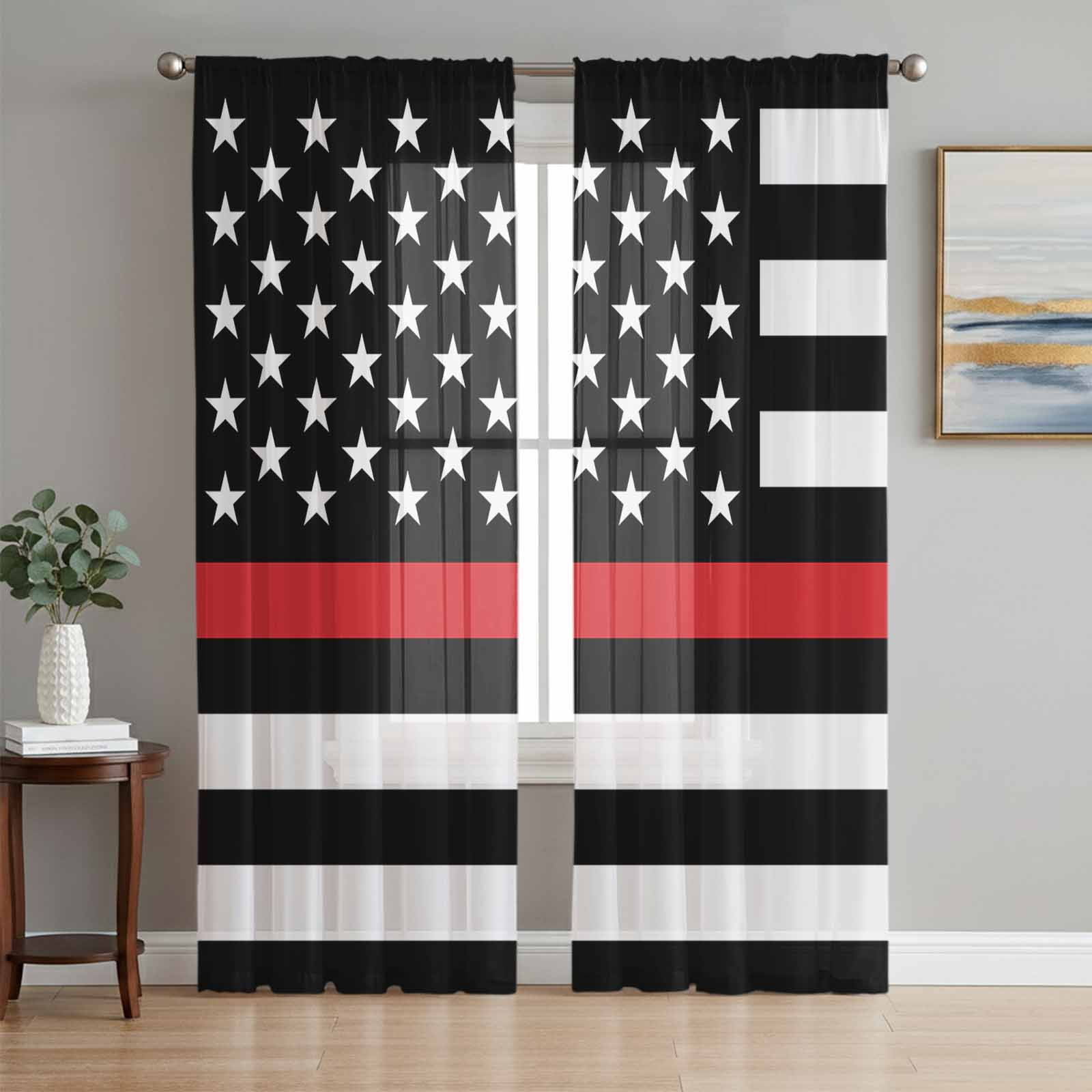 Red White Stripe Fireman American Flag Semi Sheer Window Curtains 84 ...
