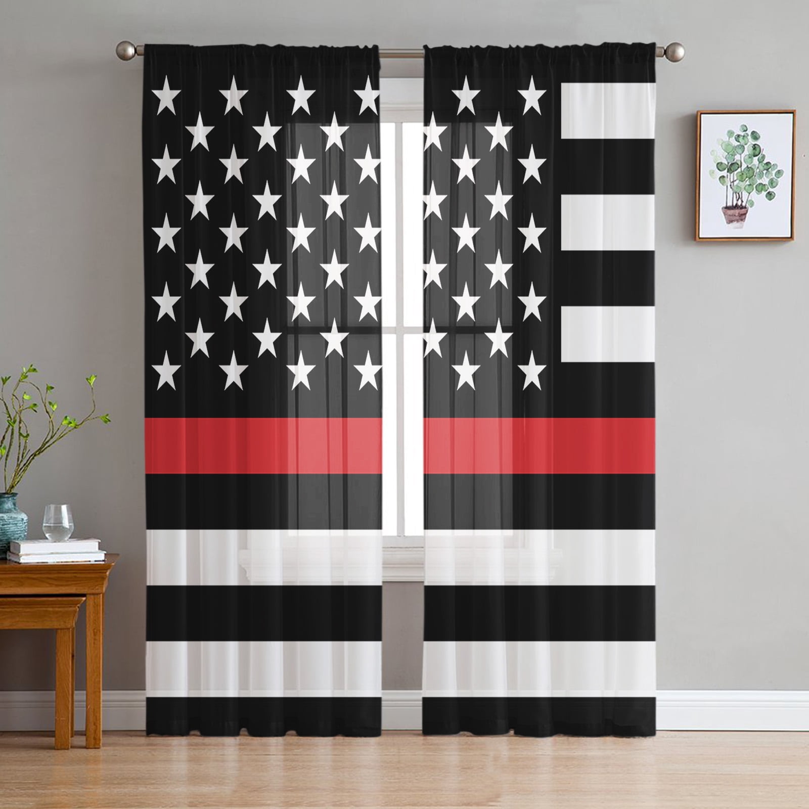 Red White Stripe Fireman American Flag Sheer Curtains 84 Inches Long 2 ...
