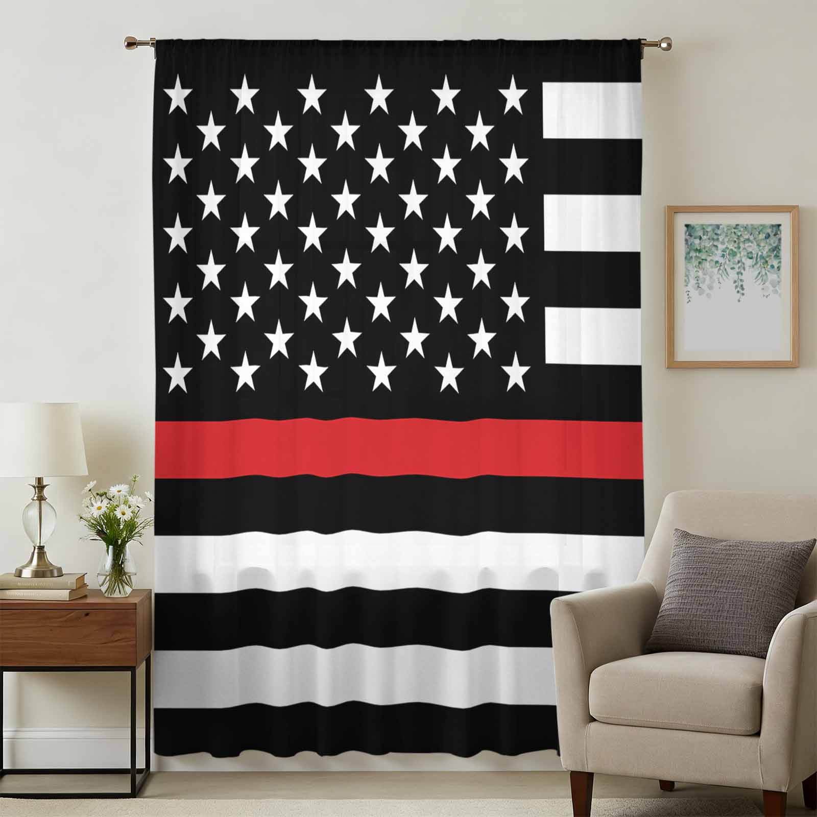 Red White Stripe Fireman American Flag Sheer Curtains 84 Inches Long ...
