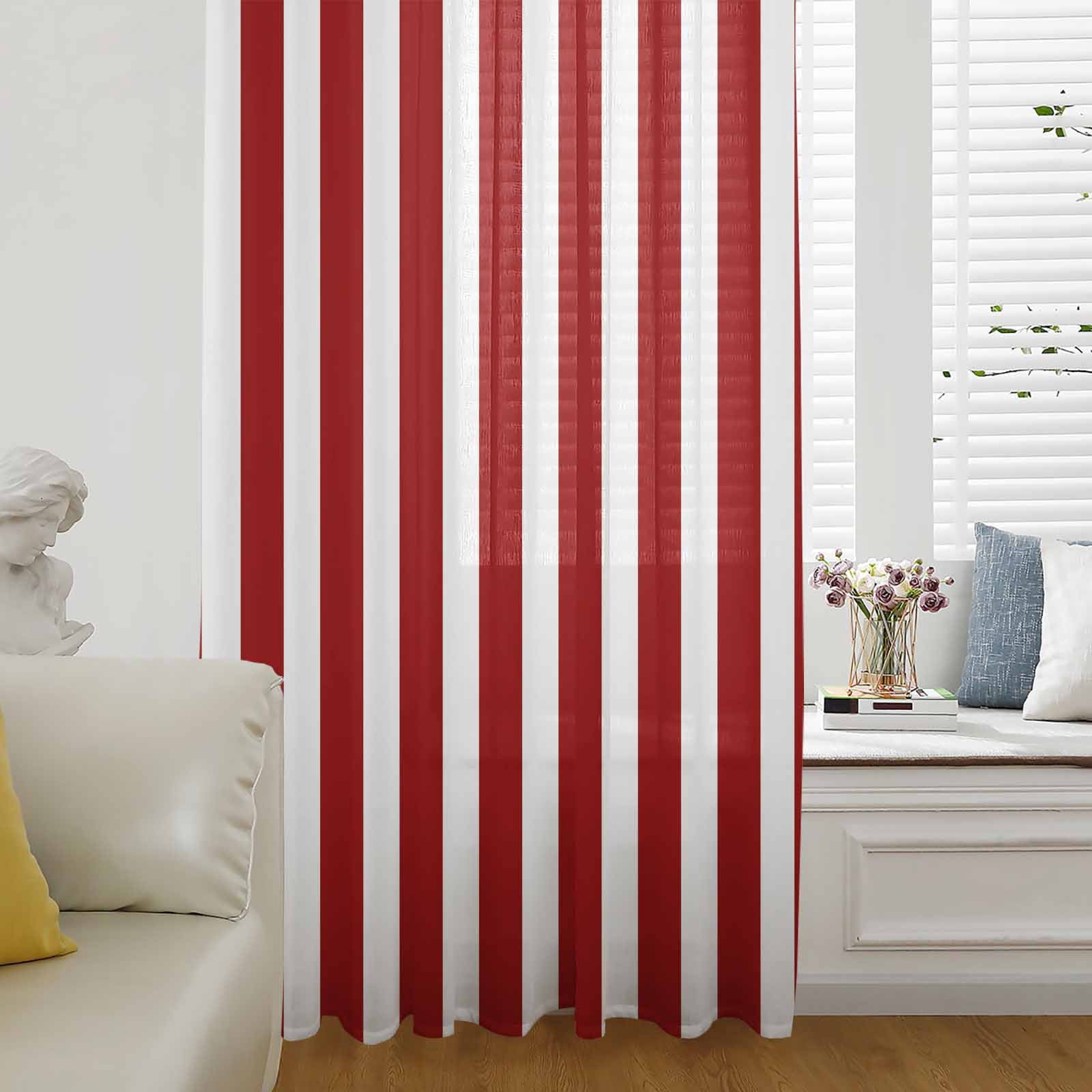 Red White Stripe Geometric Minimalist Vertical Striped Window Curtain ...