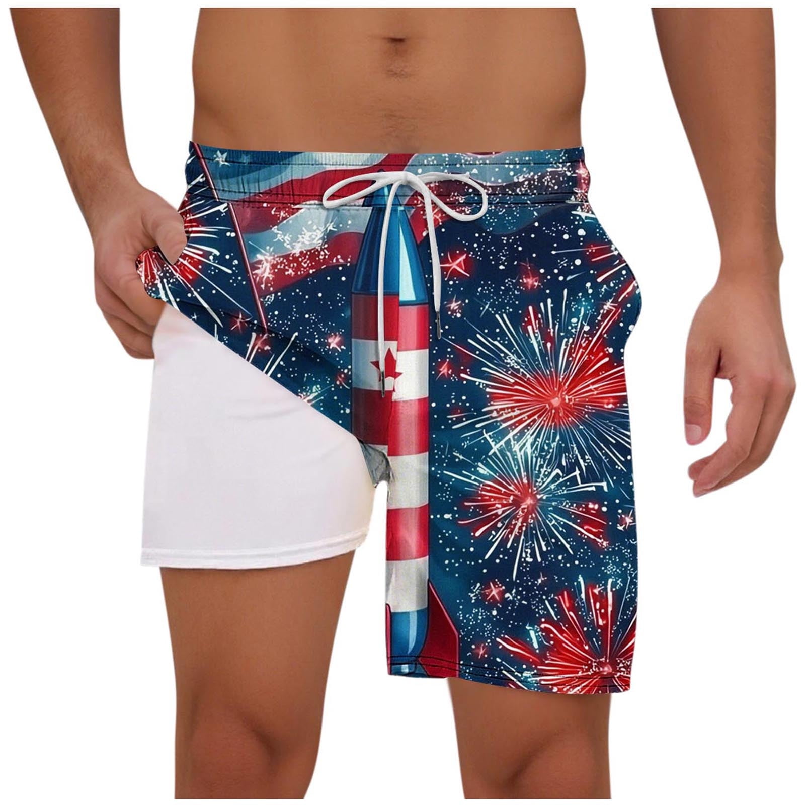 Red White Stripes Printed Swimming Shorts Dual Layer Swim Trunks with ...