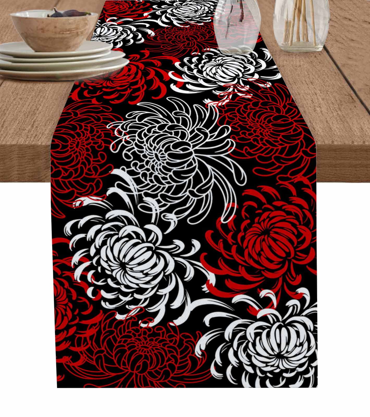 Red White Table Runner Abstract Black Chrysanthemum Flower Floral ...