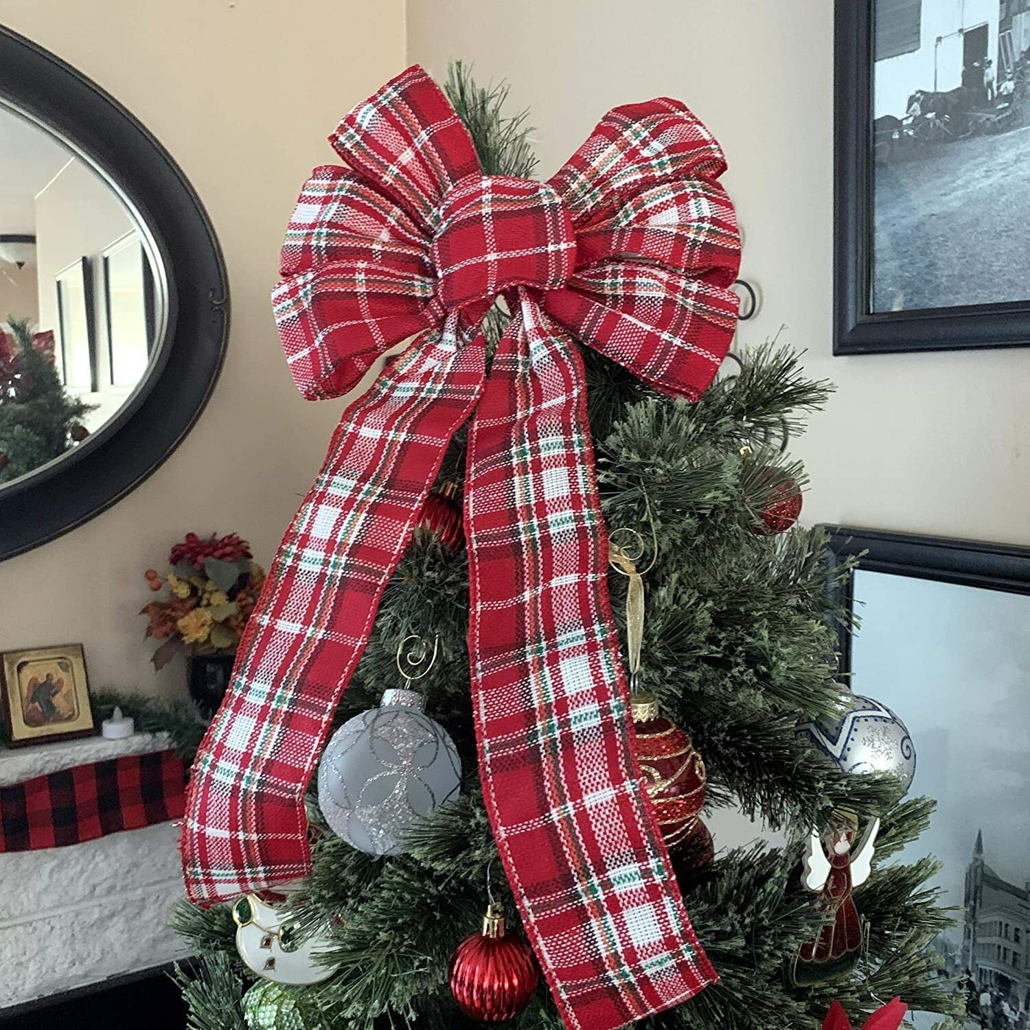 Red White Tartan Christmas Bow 10 Wide 18 Long Pre Tied Bow