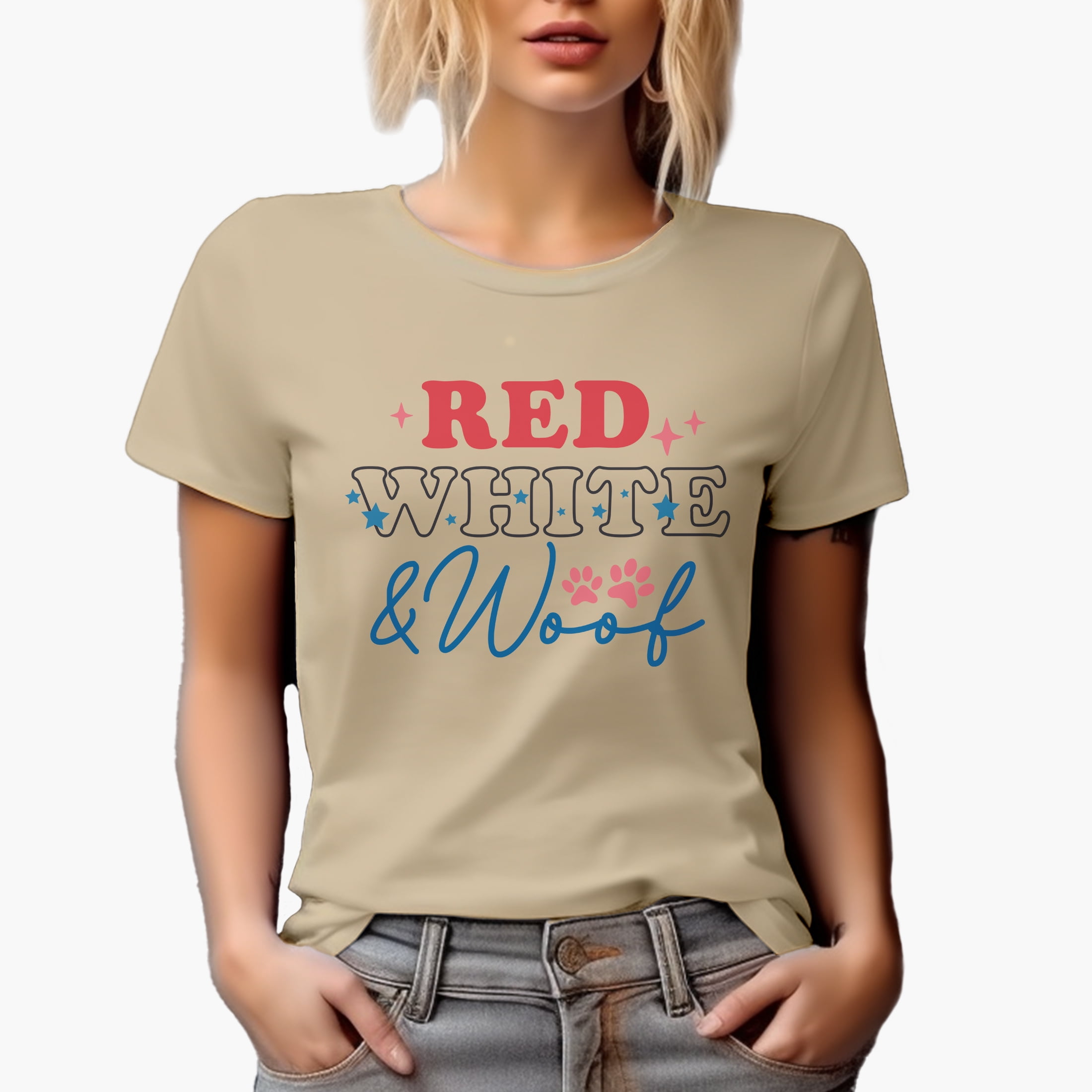 Red, White & Woof with Dog Paws, 4th of July Art Merch Gift, Tan T ...