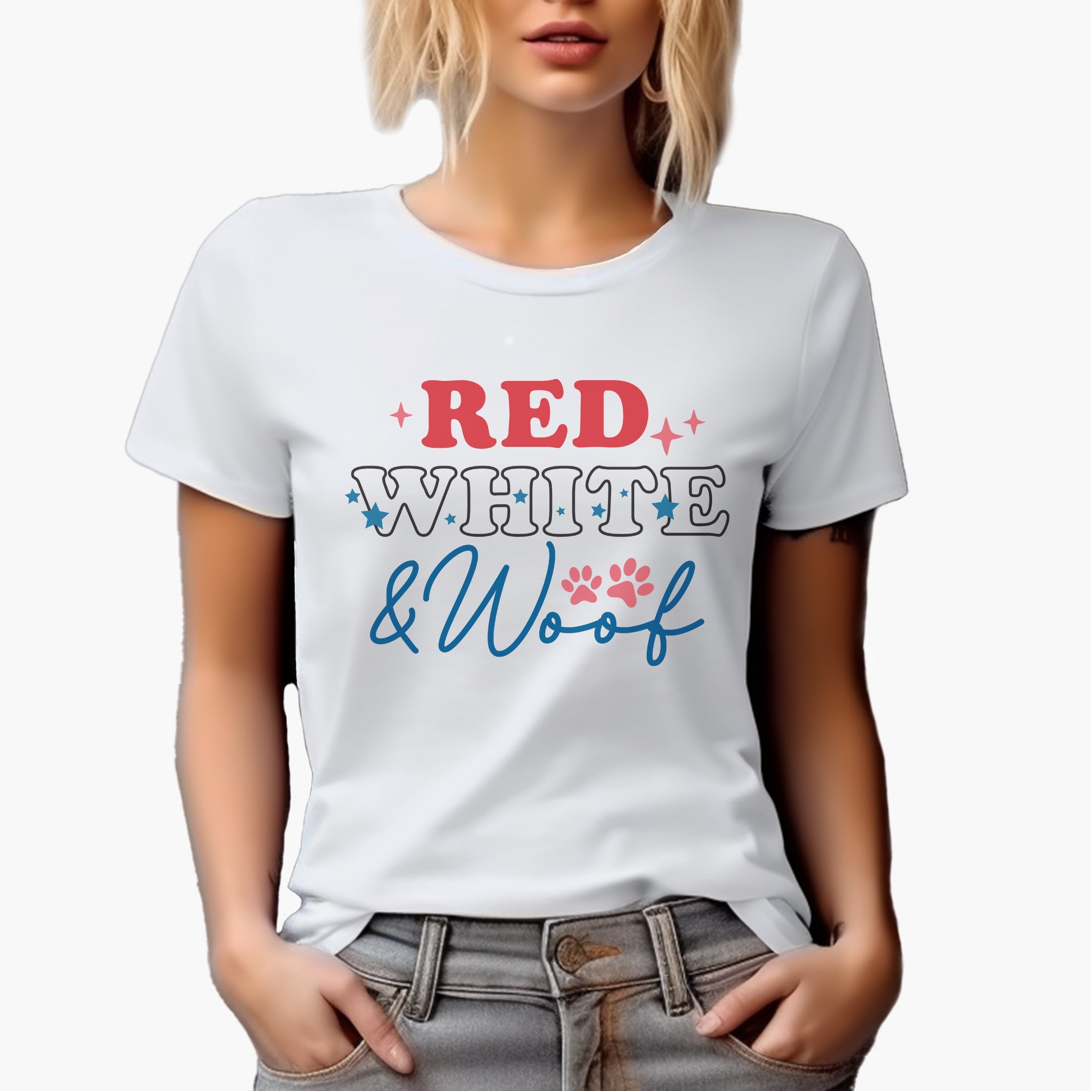 Red, White & Woof with Dog Paws, 4th of July Art Merch Gift, White T ...