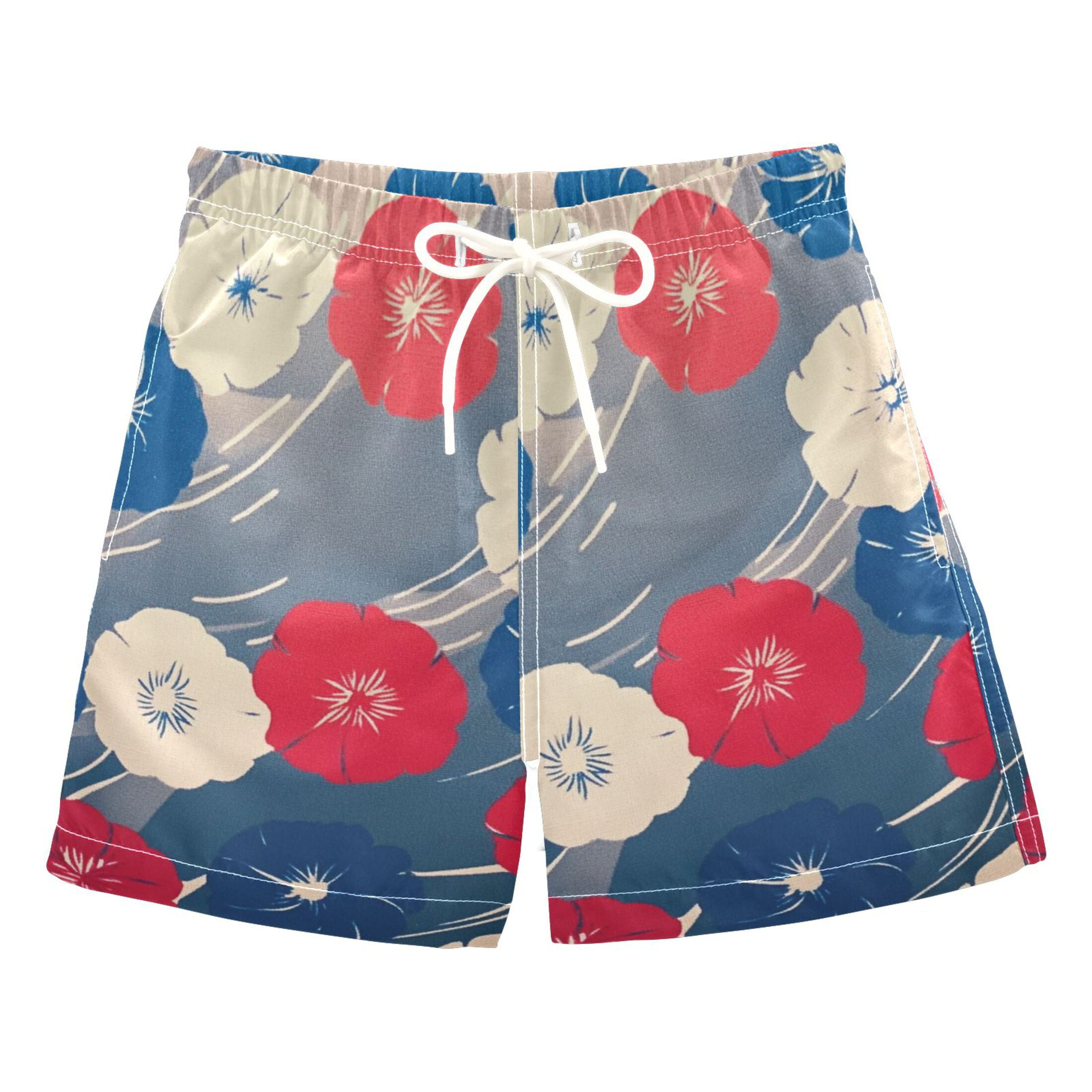 Red White and Blue Flowers Boys Swim Trunks Quick Dry Boy Swim Shorts ...