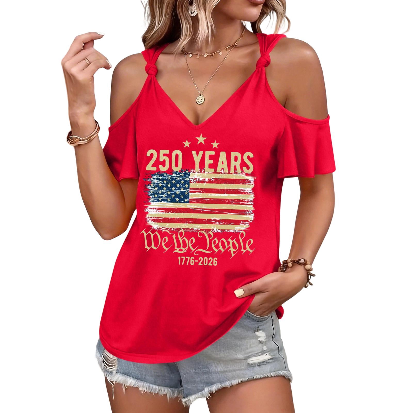 Red White and Blue Shirts Women USA Flag V Neck Short Sleeve Tops 250th ...