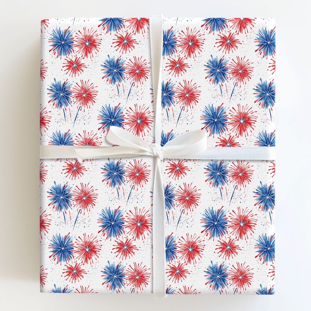 Red White and Blue Watercolor Fireworks Patriotic Gift Wrapping Paper ...
