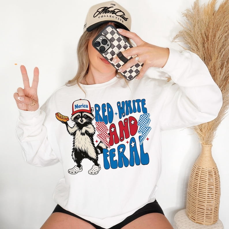 Red White and Feral Raccoon Sweatshirt, Funny USA Pullover for ...