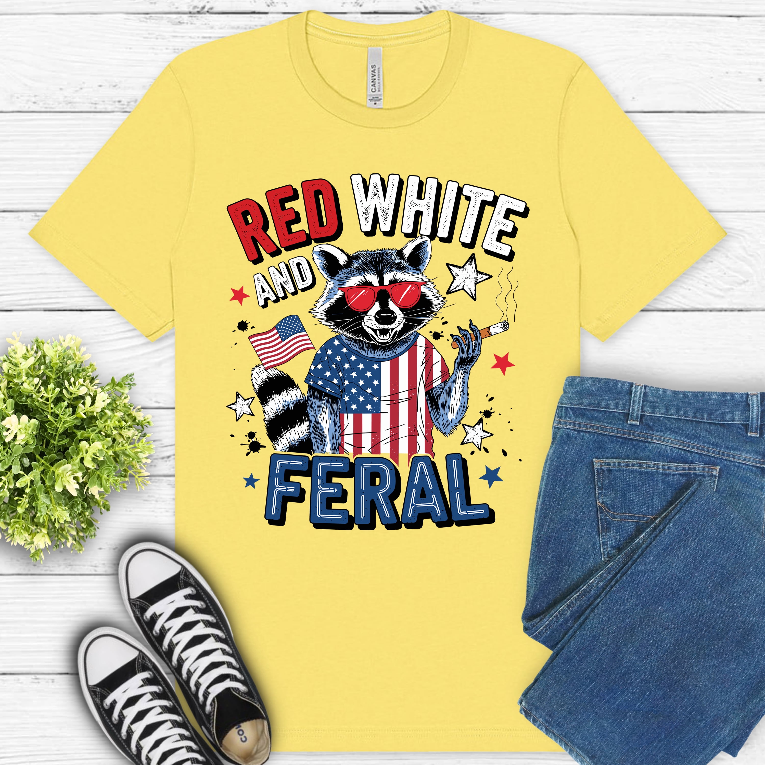 Red White and Feral Raccoon T-Shirt, Funny Patriotic Animal Graphic Tee ...