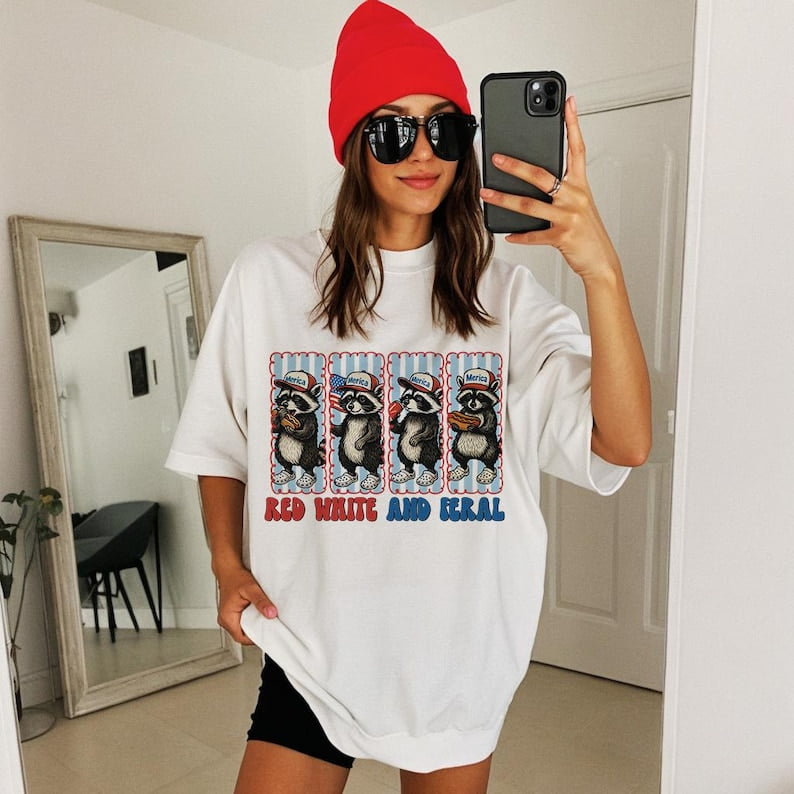 Red White and Feral T-shirt, Funny Raccoon, Preppy USA, ‘Merica Animal ...