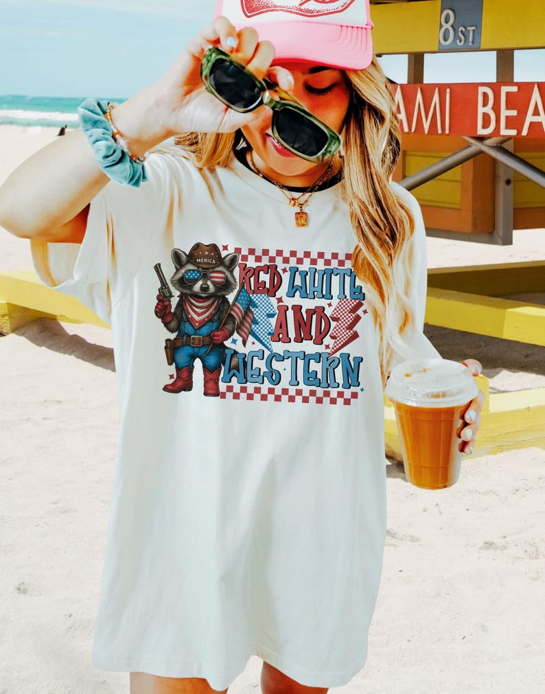 Red White and Western Raccoon T-shirt, Funny Cowboy Style, Patriotic ...