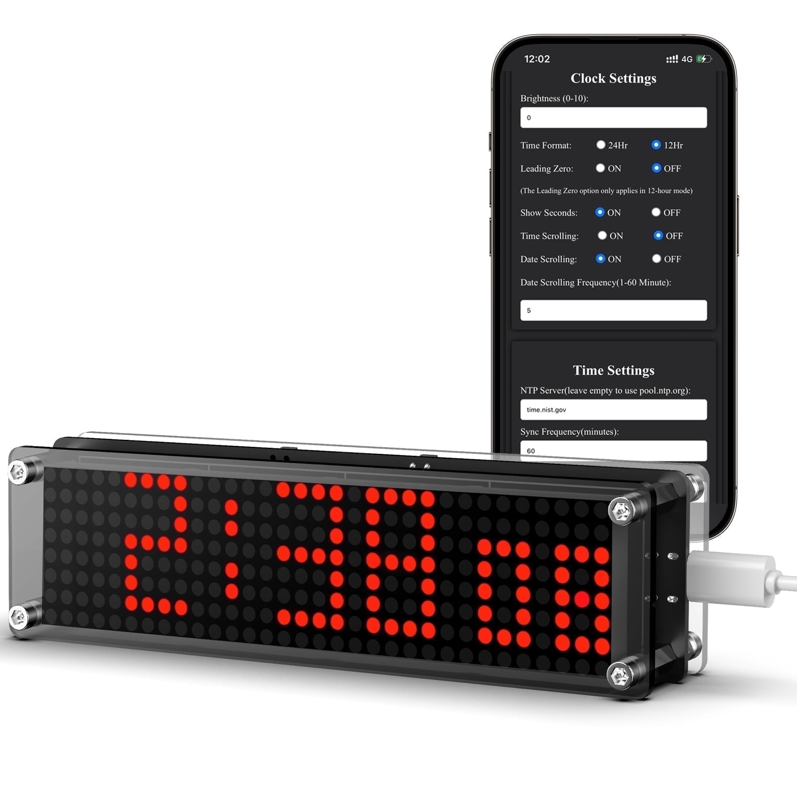 Red WiFi Matrix Clock with Time Sync,Custom NTP Settings, Adjustable ...