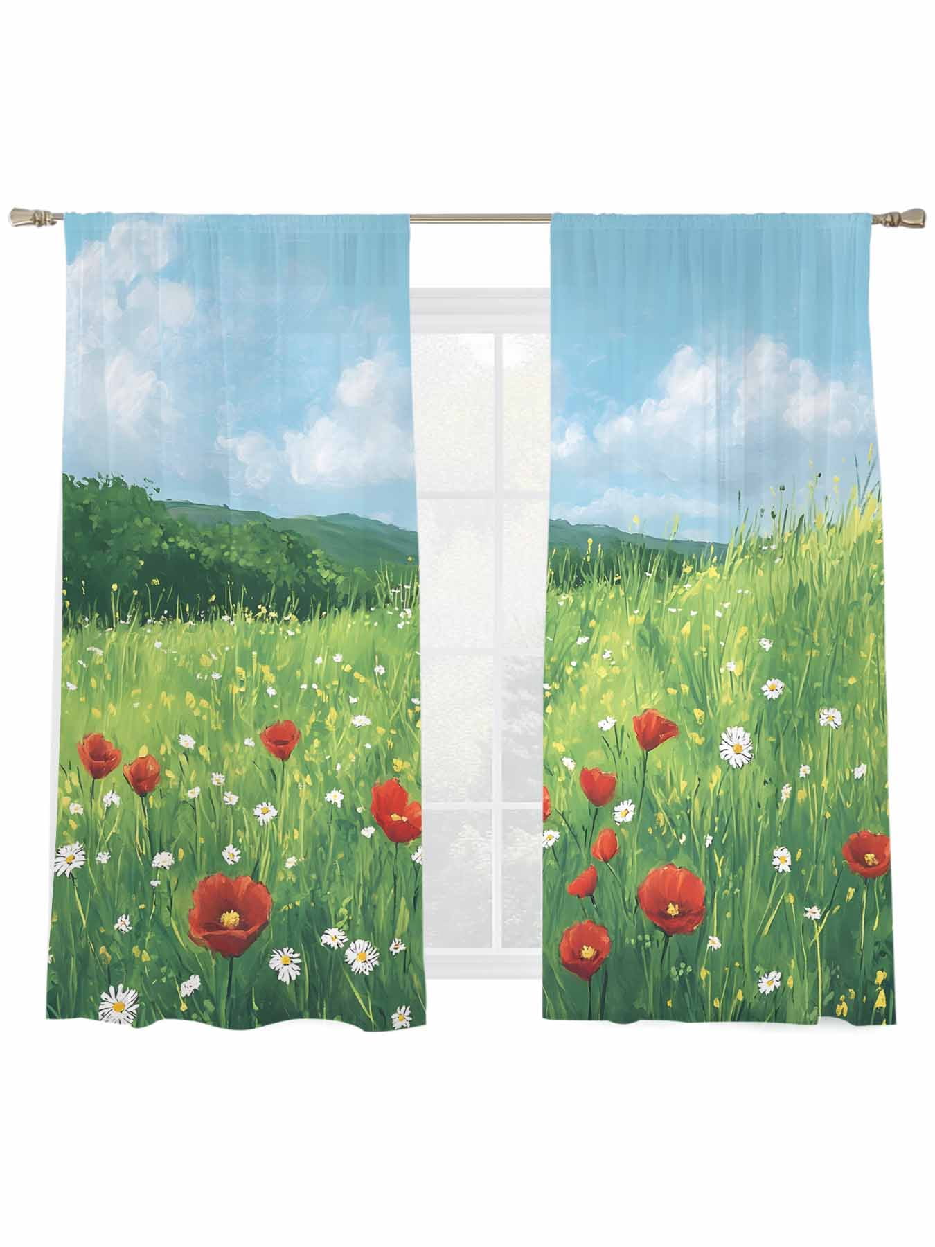Red Wildflower Sheer Curtains for Living Room Bedroom, Spring Retro ...