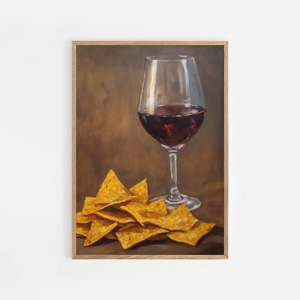 Red Wine And Nacho Cheese Chips Art Print, Cute Quirky Whimsical ...