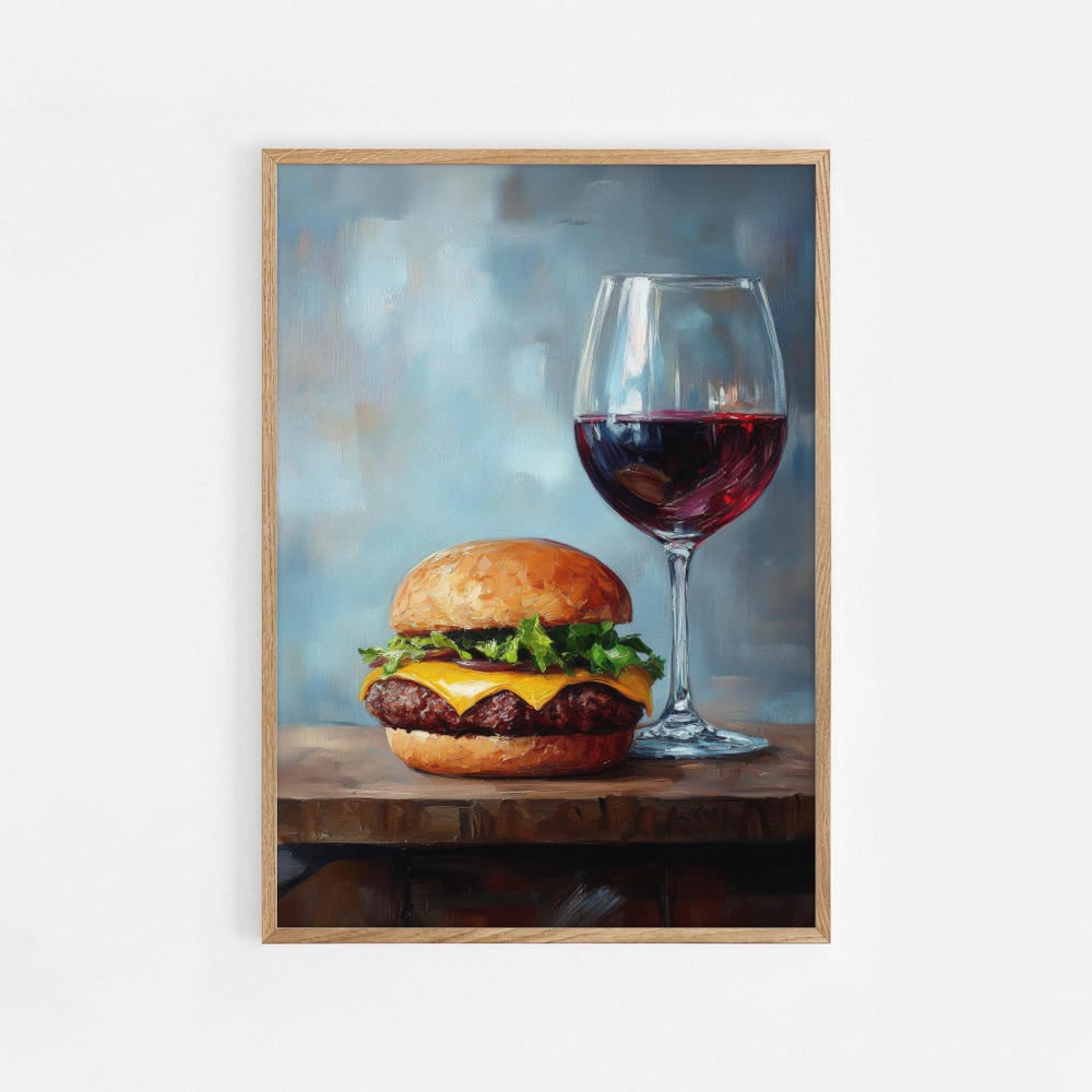 Red Wine And Cheeseburger Print, Cute Quirky Whimsical, Cocktail Art ...
