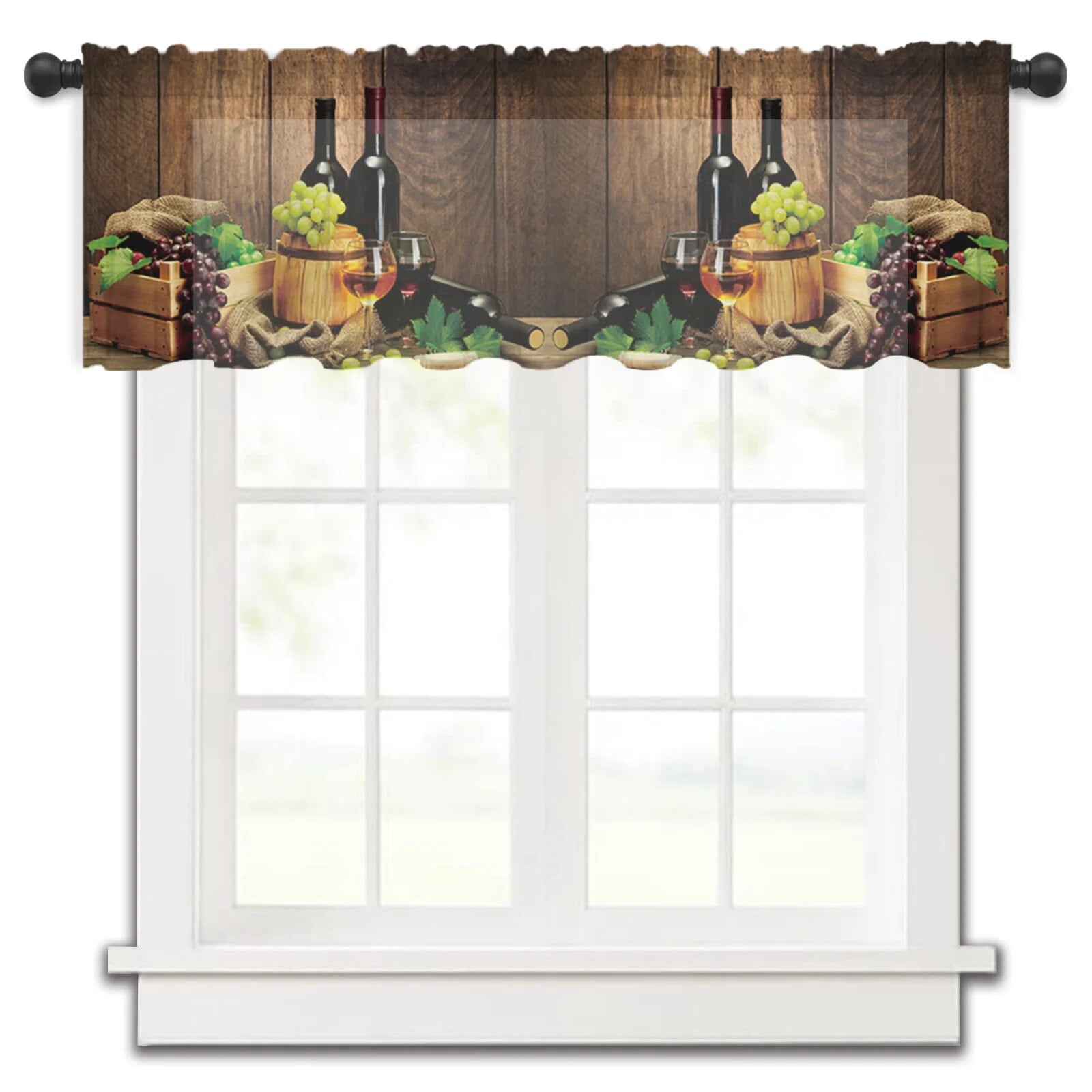 Red Wine Glass Barrels Fruit Grapes Kitchen Small Curtain Tulle Sheer ...