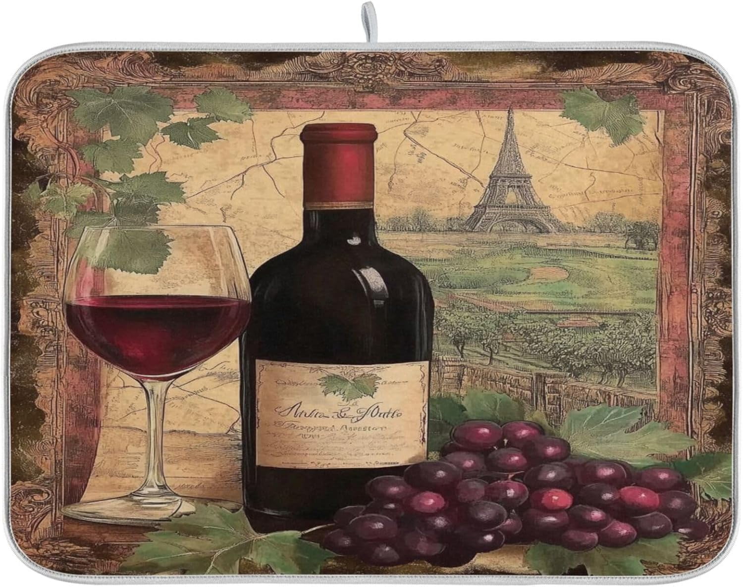 Red Wine Glass Leaf Grapes Pattern Dish Drying Mat for Kitchen Counter ...
