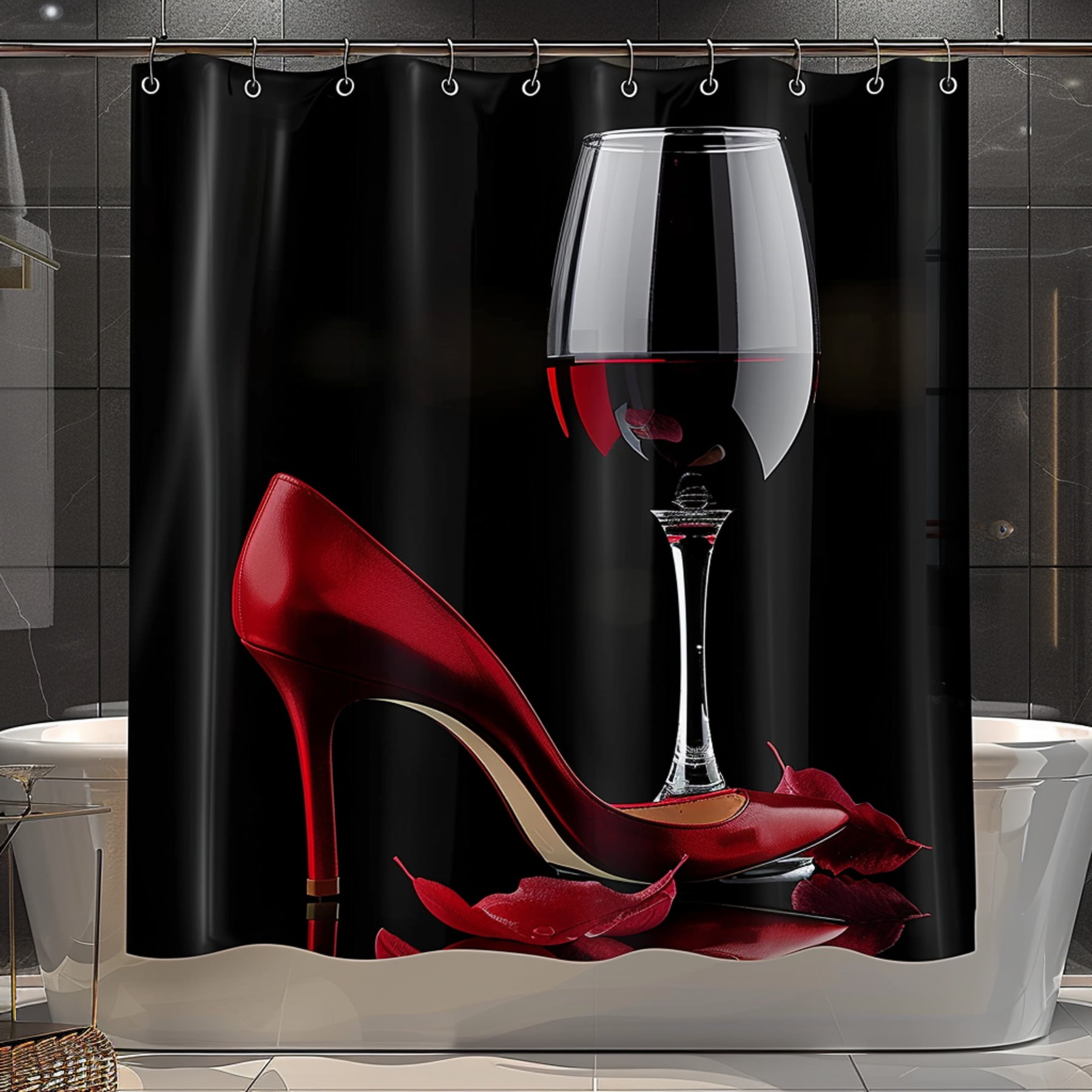 Red Wine Glass and High Heels Bathroom Shower Curtain Fashionable Black ...