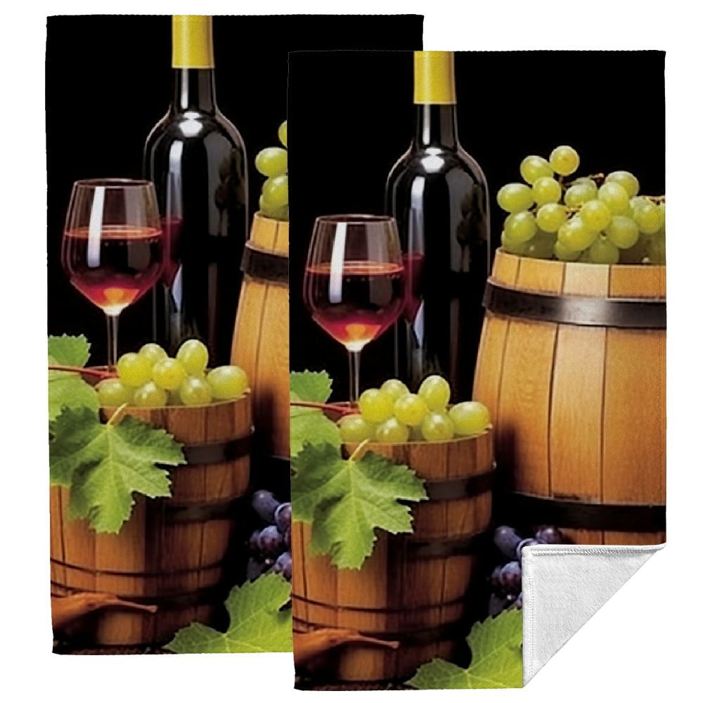 Red Wine Kitchen Towels Set Wine Bottles Dish Towel Grape Fruit Wooden ...