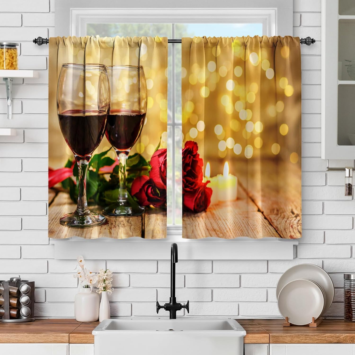 Red Wine Rose Floral Kitchen Curtains - Flowers Candle Romance Mother ...