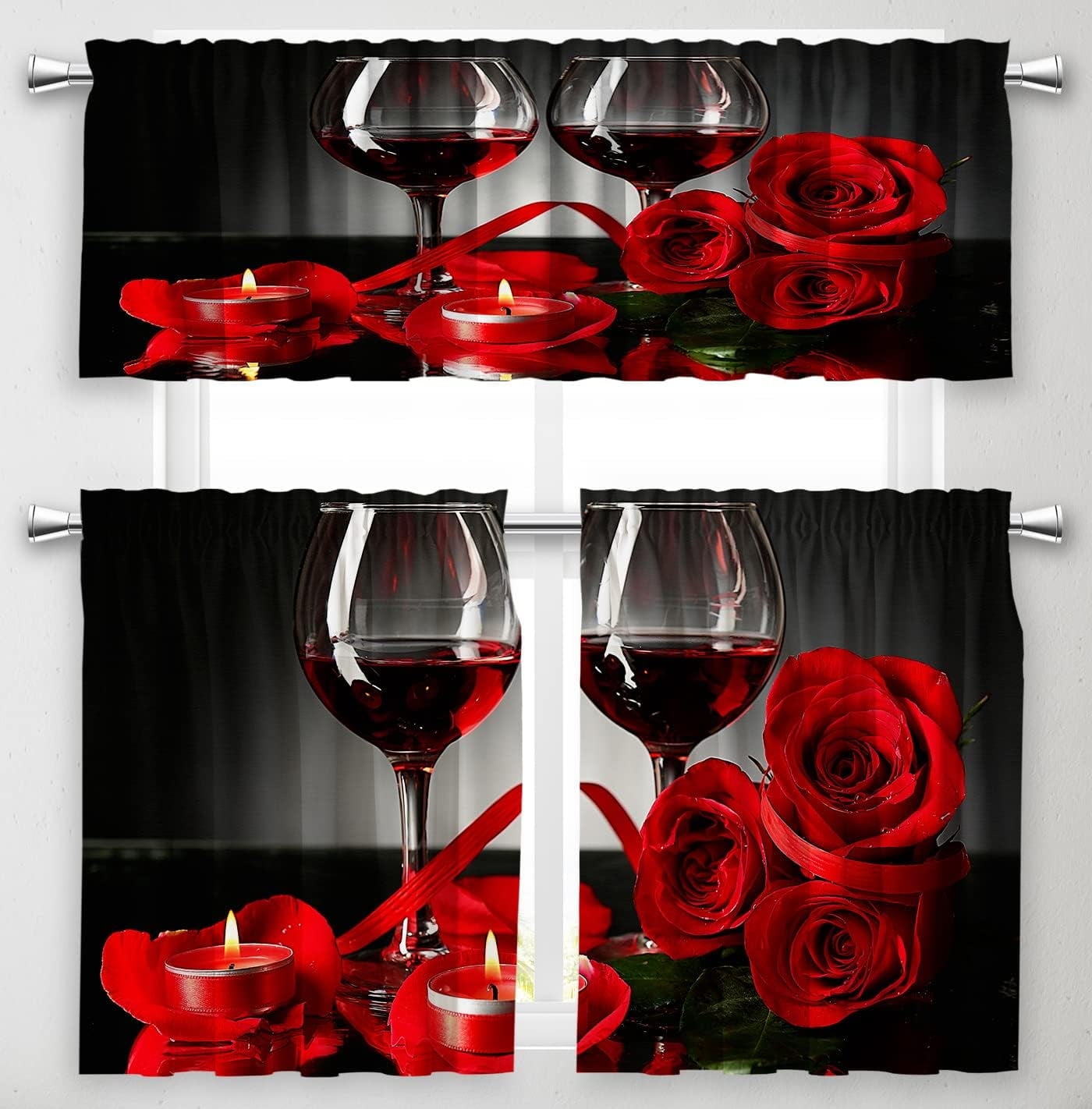 Red Wine Rose Kitchen Curtains and Valances Set 3 Pieces Red Rose ...