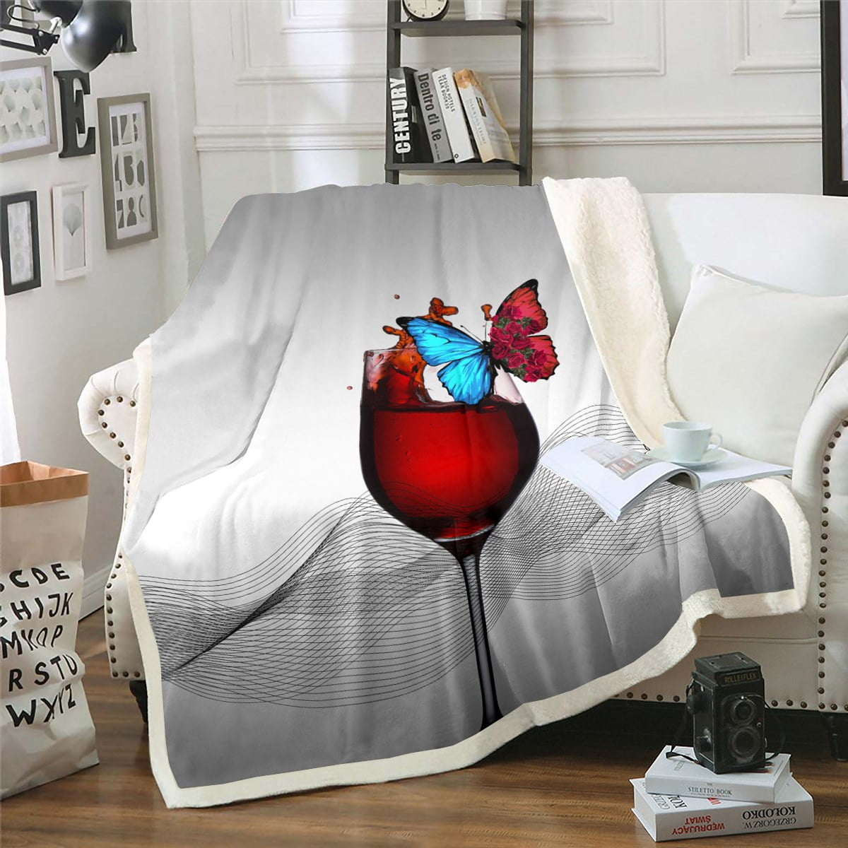 Red Wine Throw Blanket Wine Glass Fleece Blanket Butterfly Decor Fuzzy ...