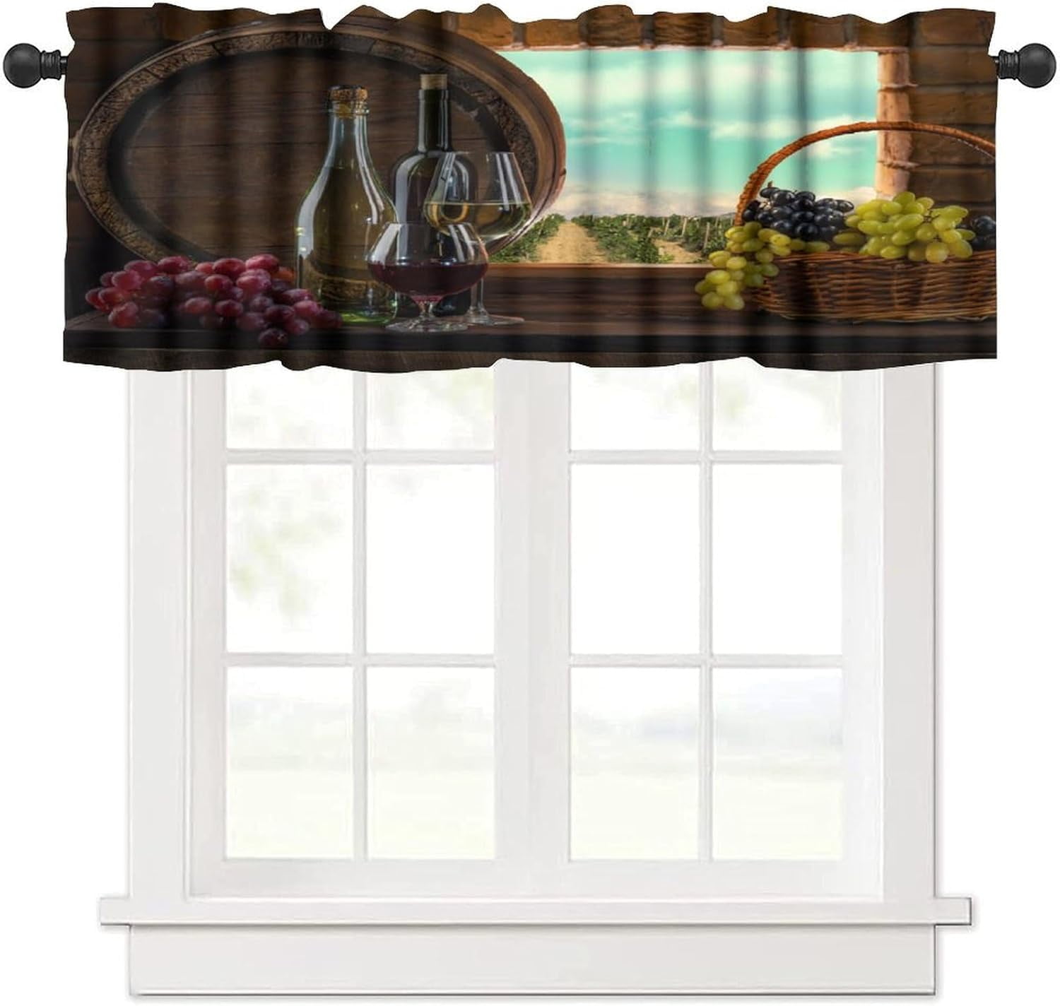 Red Wine Valances Curtains for Kitchen, Wine Glass Grape Old Oak Barrel ...