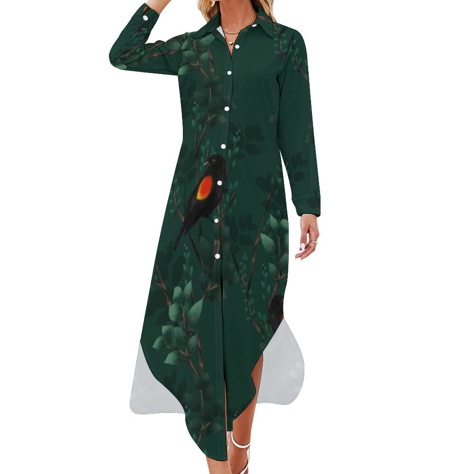 Red-Winged Blackbird Pattern Long Sleeved Shirt Dress festival outfit ...