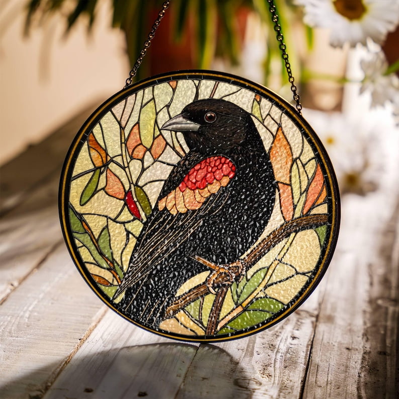Red Winged Blackbird Stained Glass SunCatcher Bird Light Catcher Window ...