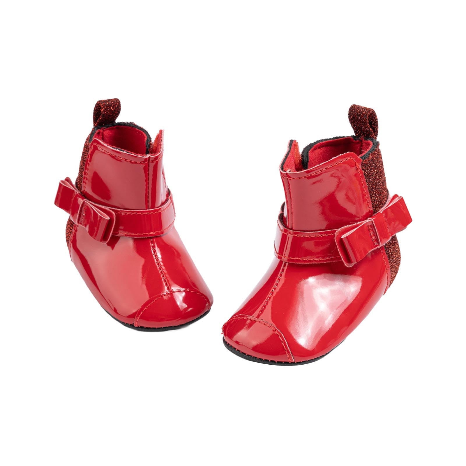Red Winter Boots For Babies, Shiny Leather Bow Tie And Soft Sole For ...