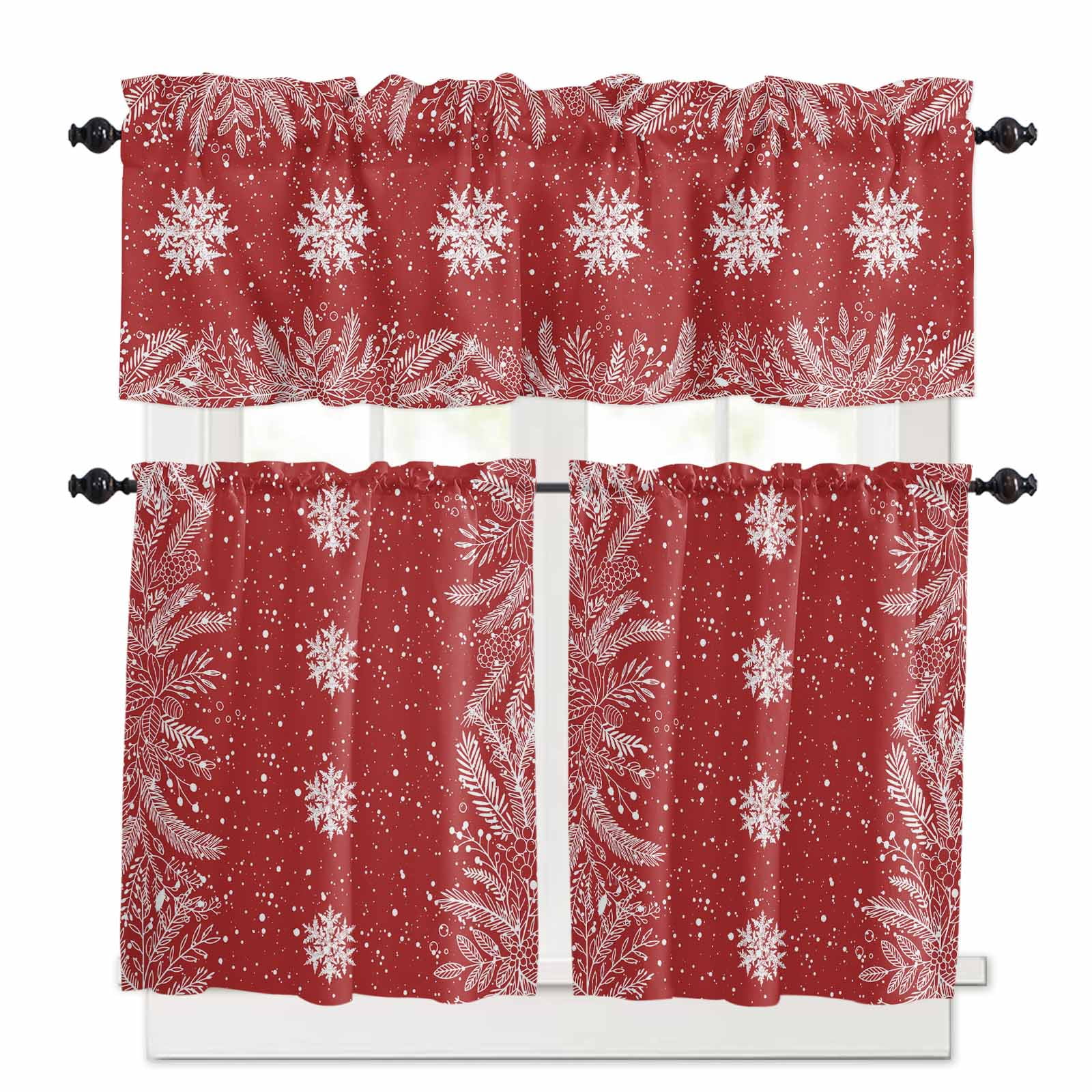 Red Winter Snowflakes Kitchen Curtains and Valances Set, Plant Pine ...