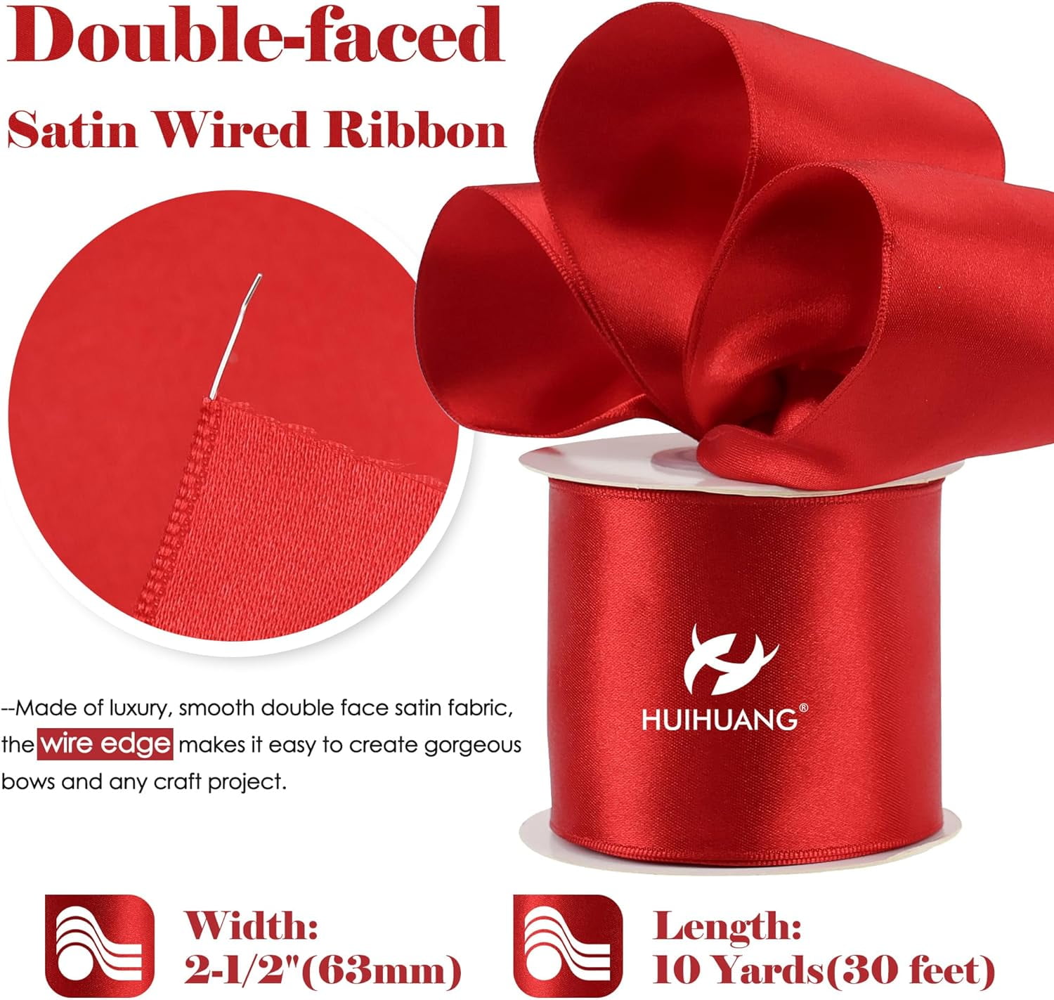 Red Wired Satin Ribbon 2.5 Inch Red Wire Edge Ribbon For Wreaths, Bows ...