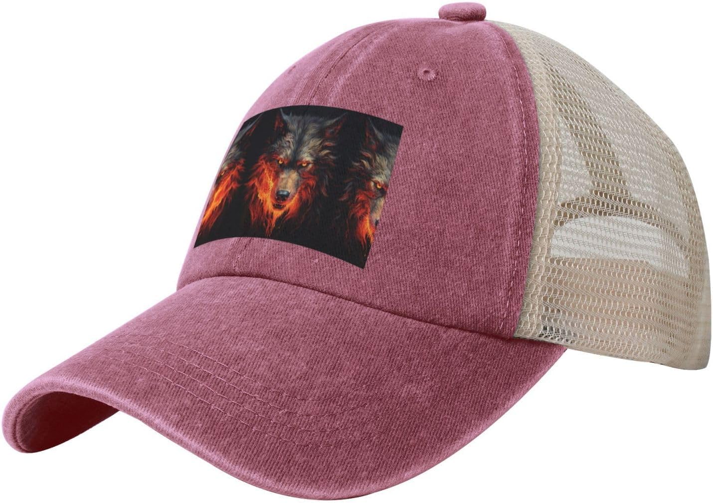 Red Wolf and Fire Mesh Trucker Hat Mesh Snapback,Trendy Cowboy Cap for ...