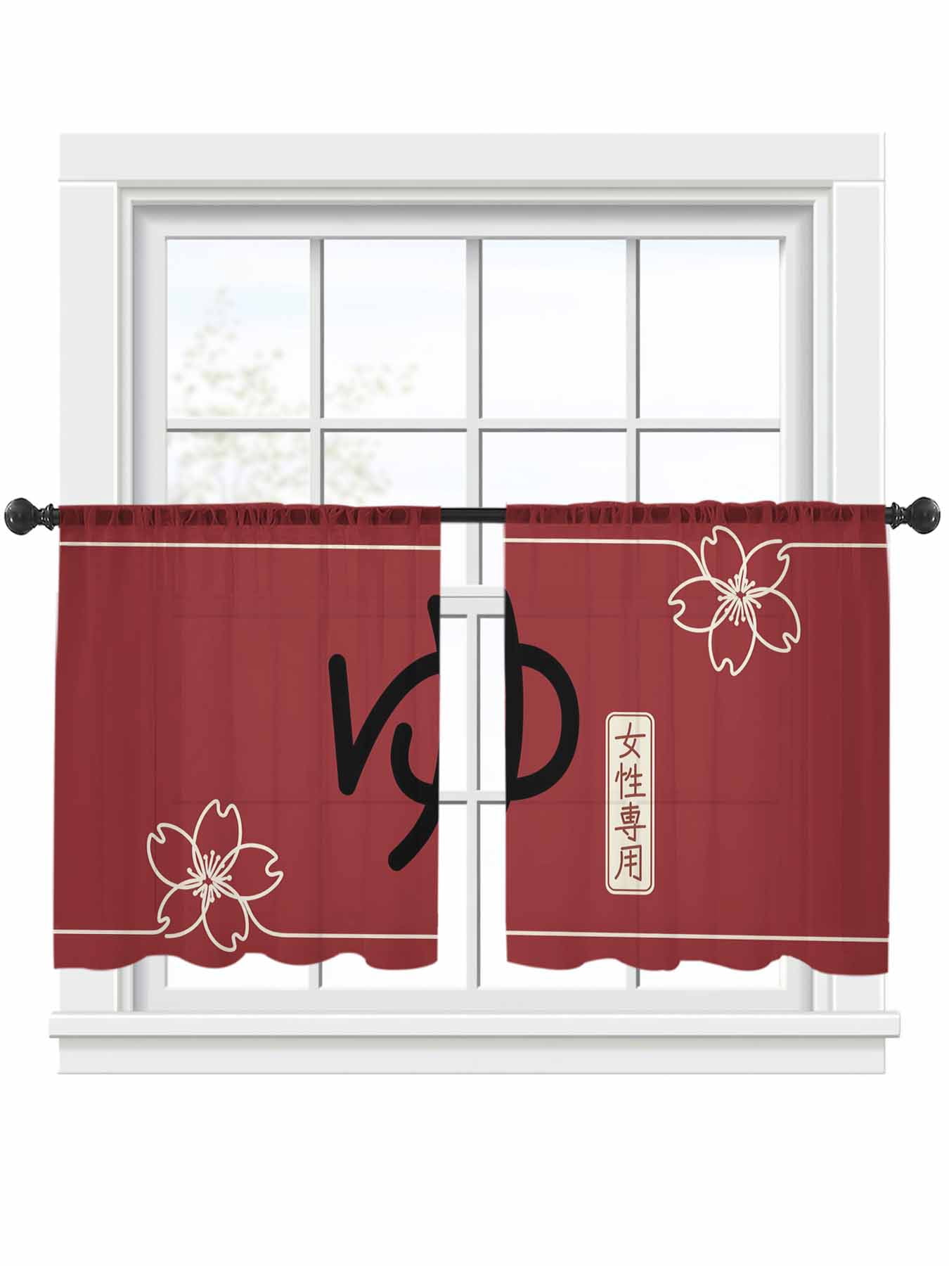 Red Woman Sheer Curtains 2 Panels Set Cherry Blossoms Japanese Style ...