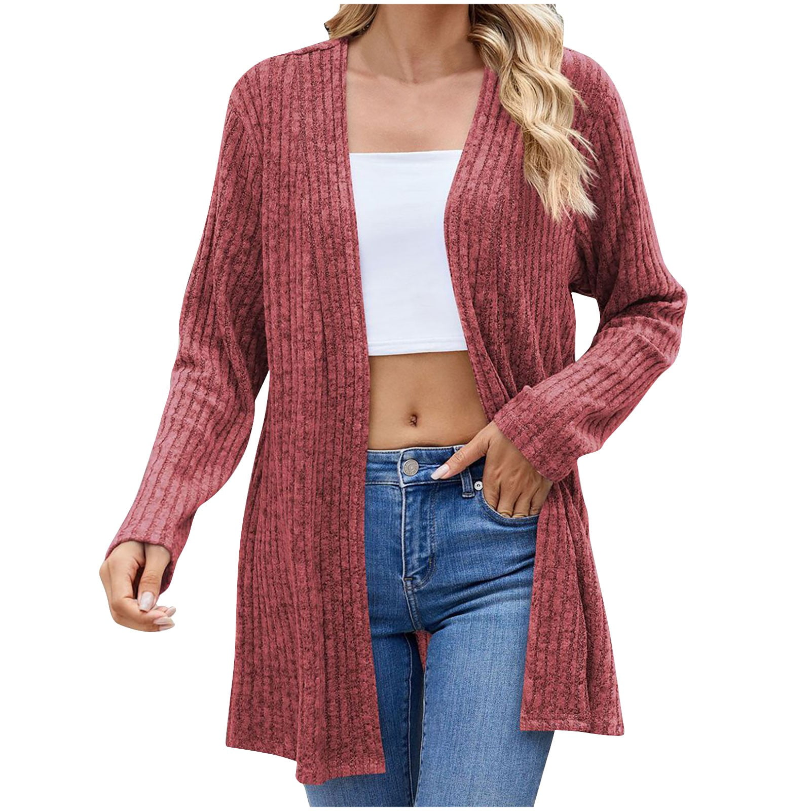 Red Women Crochet Striped Cardigan Basic Outfits for Women Long Sleeve ...