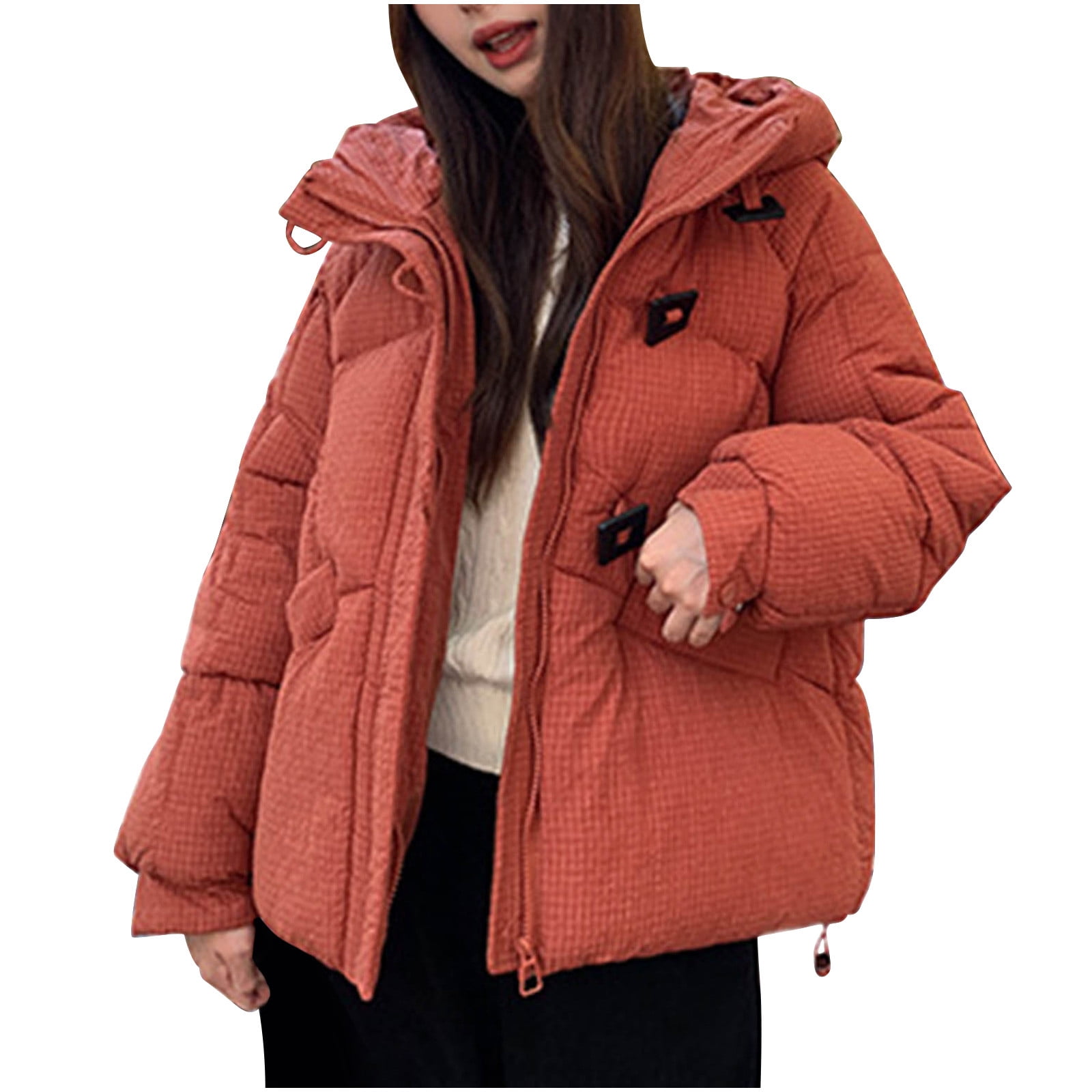 Red for Women Fall Winter Long Sleeve Loose Fit Padded Thick Thermal Hooded Puffer Jackets ...