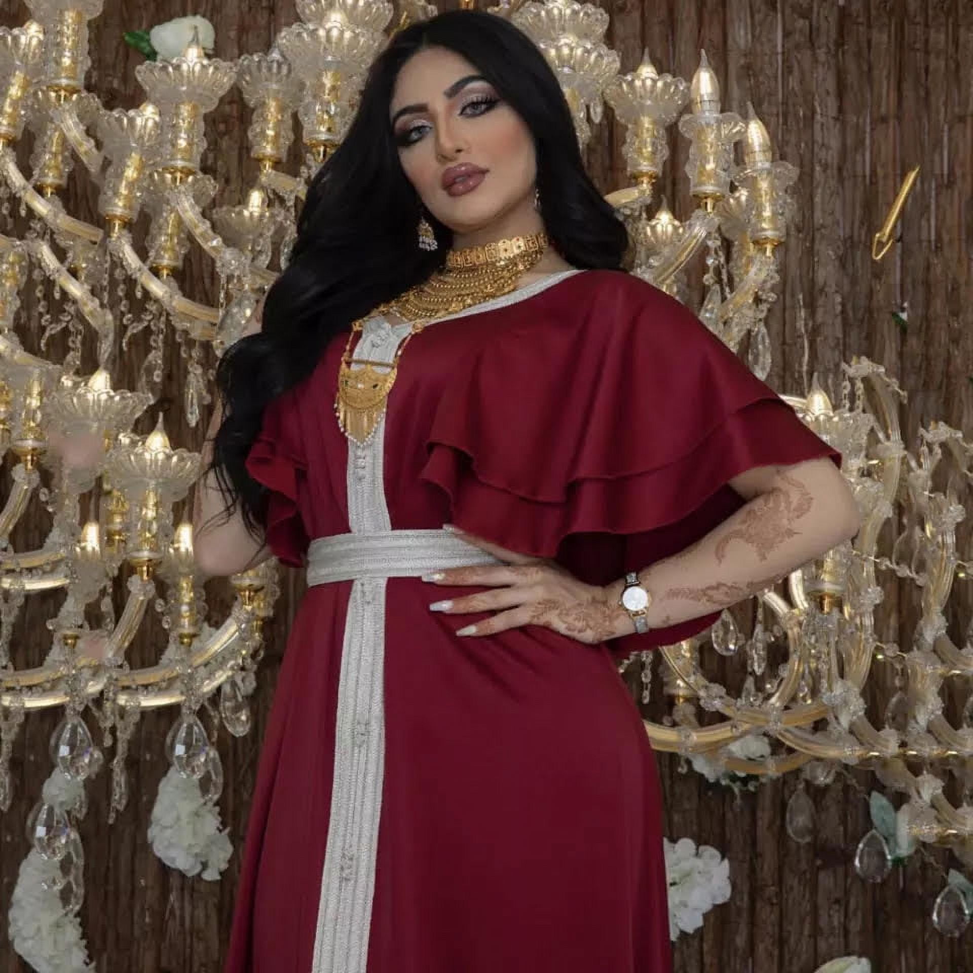 Red Women Fancy Maxi Arabic Abaya Dress Soft Satin Jabaliya Hijab Dress ...