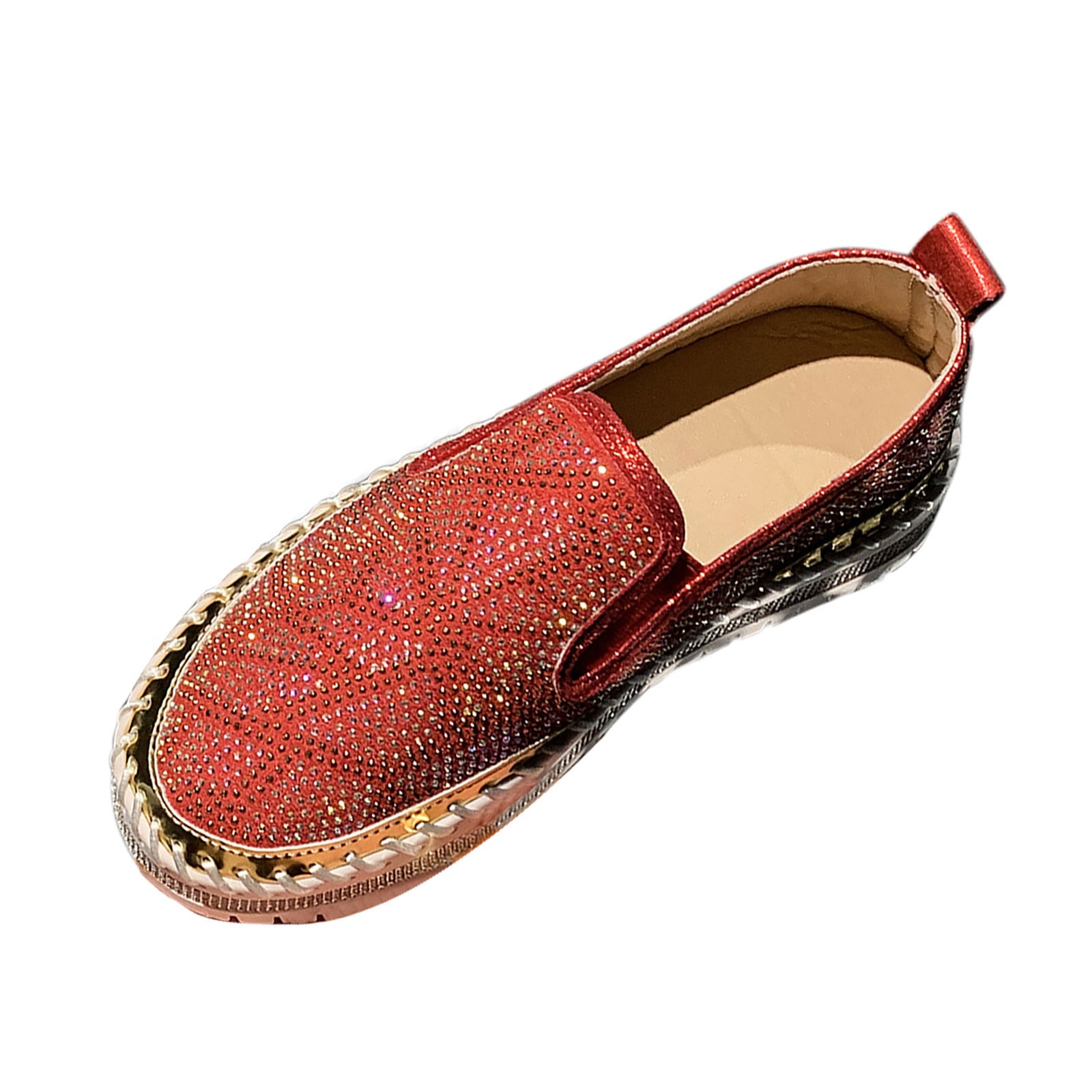 Red Women Flat Loafers With Rhinestone Accent And Platform Design Slip ...