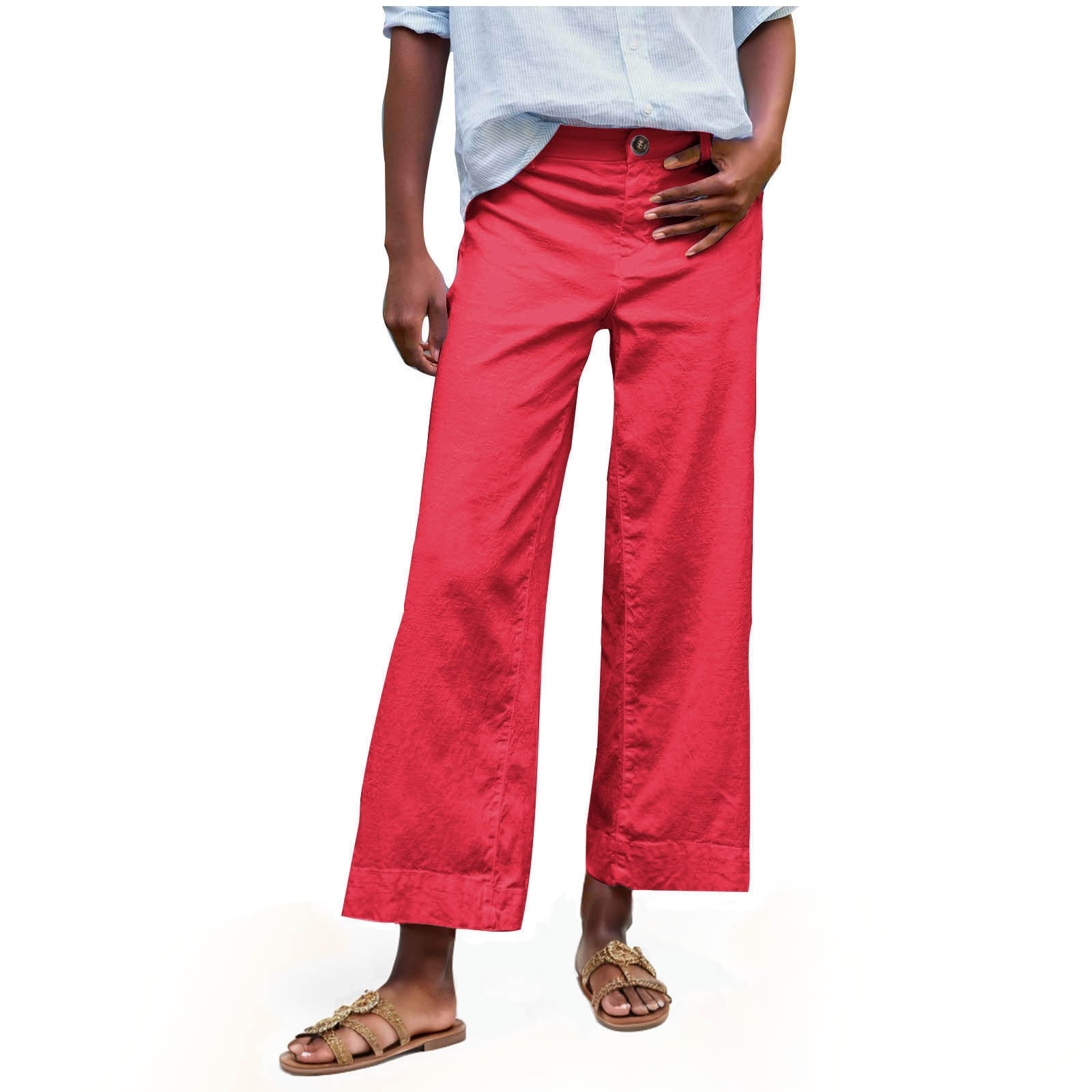 Red Women High Leg Loose Fit Trousers Pants for Teen Girls Faux Gauze ...