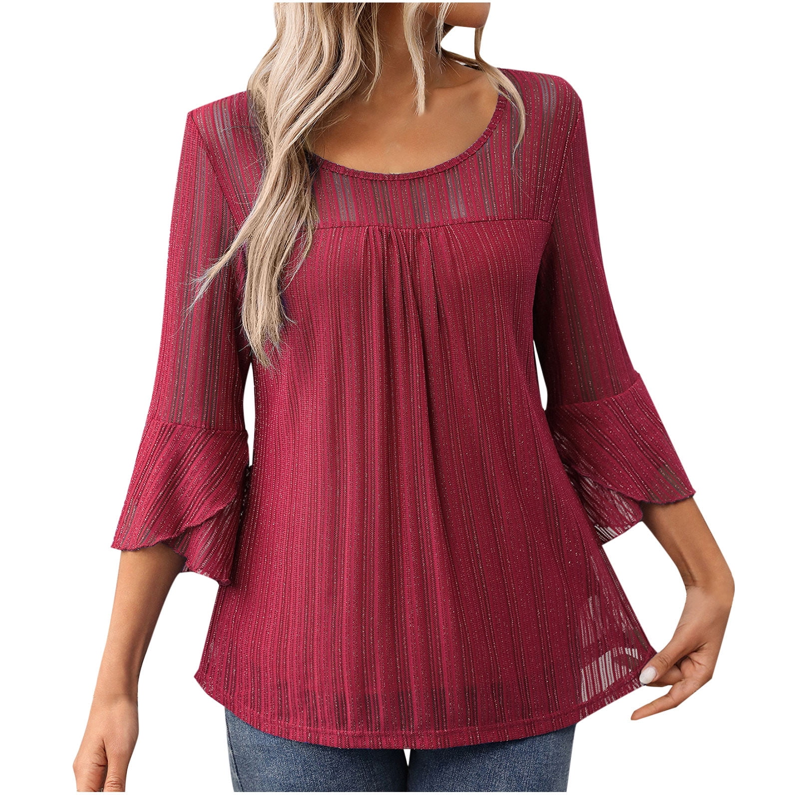 Red Women Loose Fit Tops Boat Neck Blouses for Women Ruffle 3/4 Length ...
