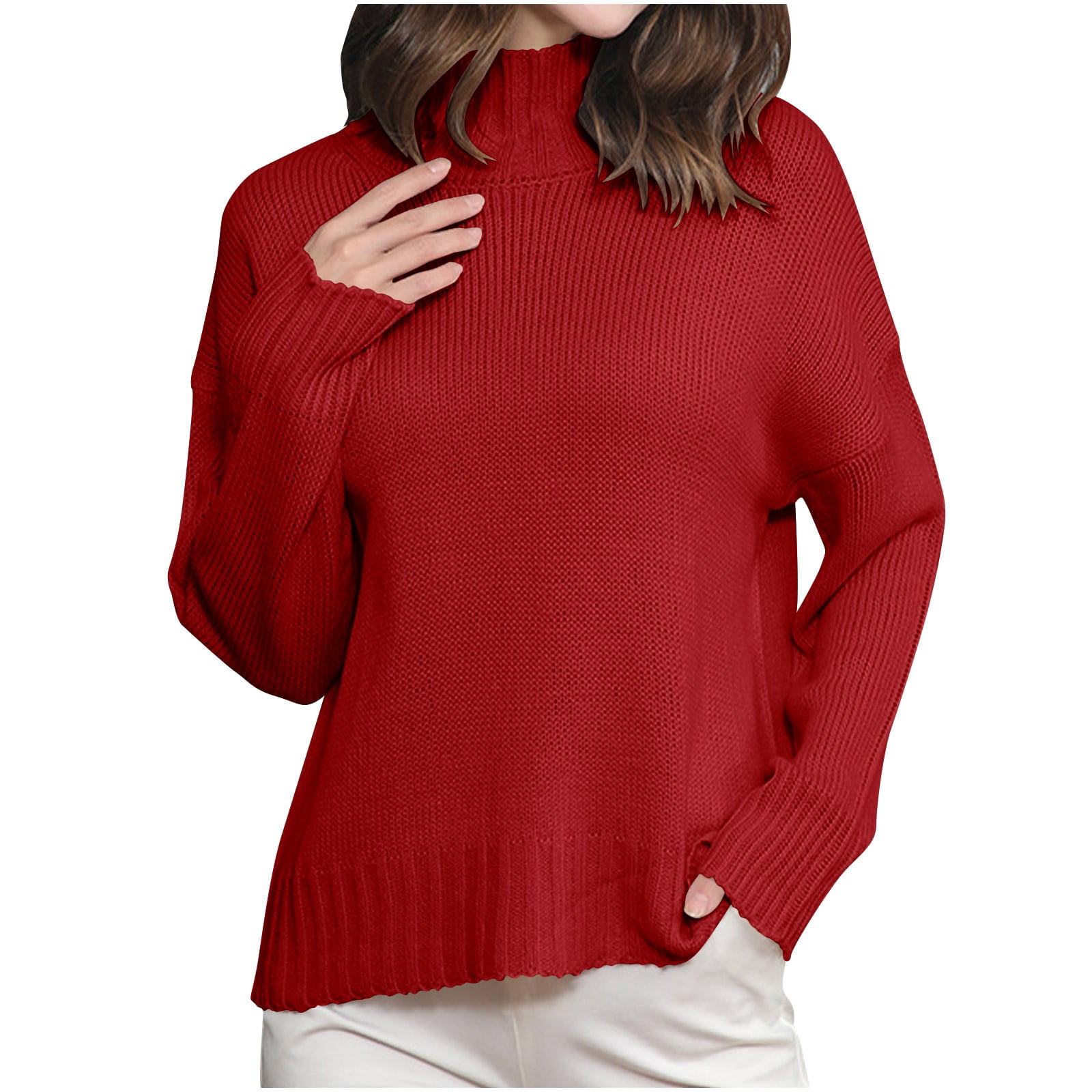 Red Women Lounge Tops Long Sleeve Blouse for Women Crewneck High Neck ...