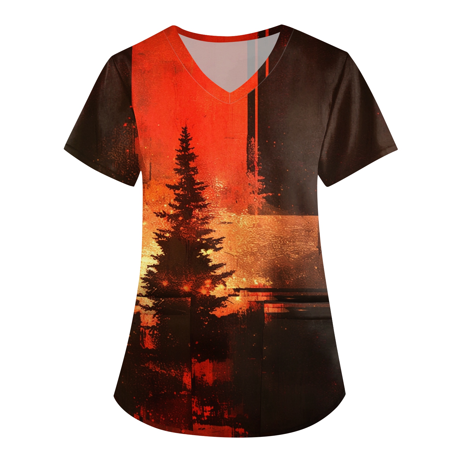 Red Women'S Christmas Motif Colourful Care Tunic Short Sleeve V-Neck ...