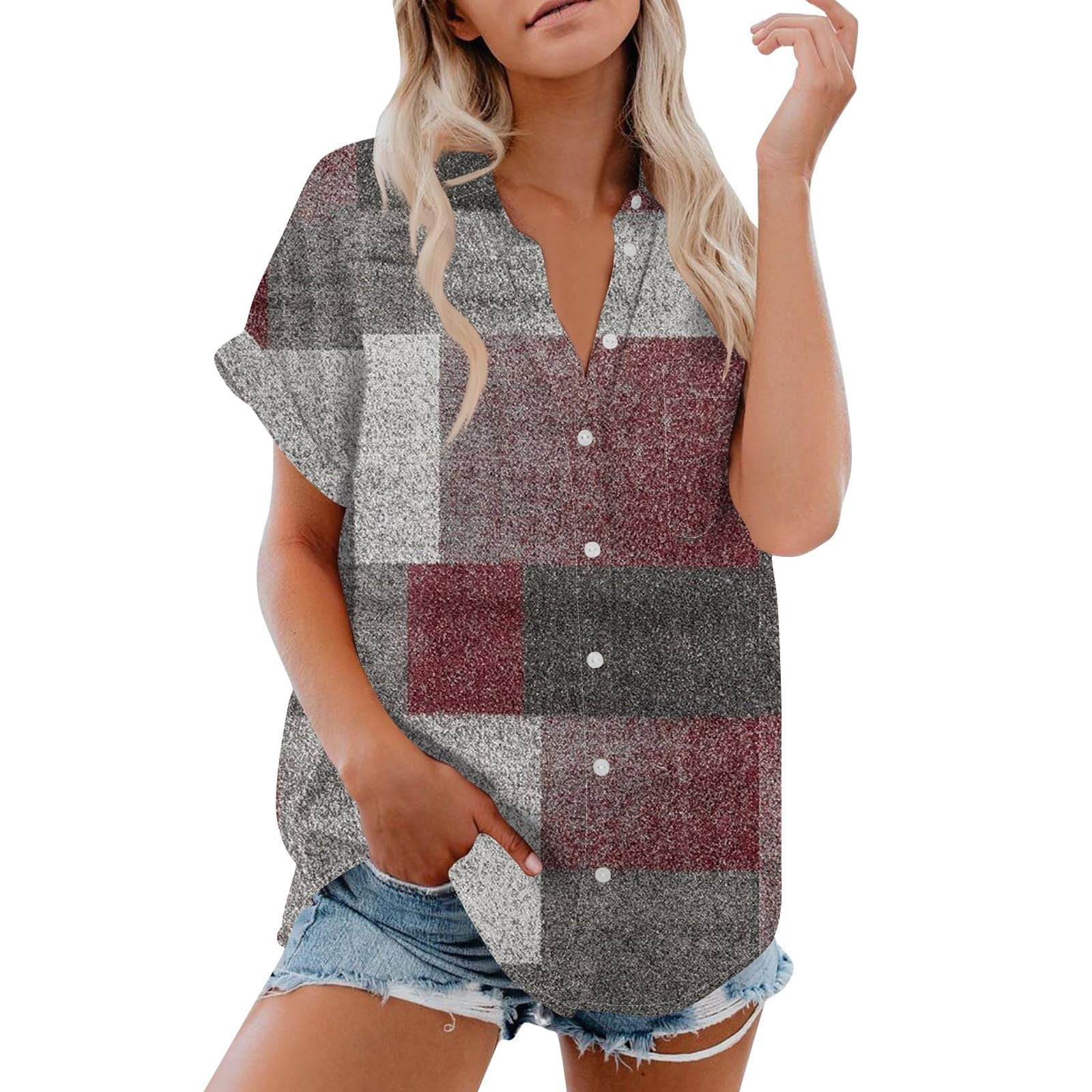 Red Women Shirts, Shirts For Women Cotton Womens Short Sleeve Shirts V ...