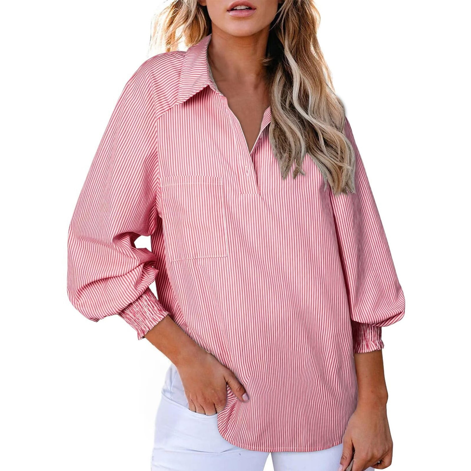 Red Women Shirts, Women 2025 Striped Smocked Cuffed Shirts Long Sleeve ...
