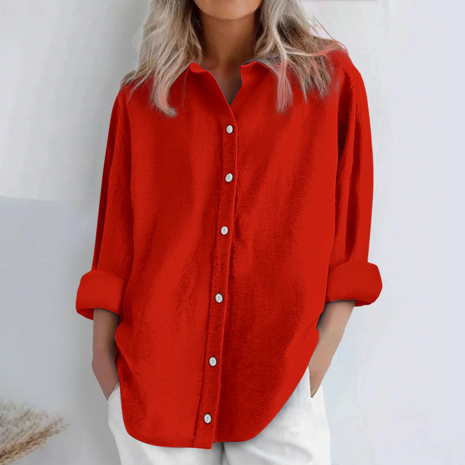 Red Women Shirts, Womens Daily Casual Linen Shirts Long Sleeve Shirts ...